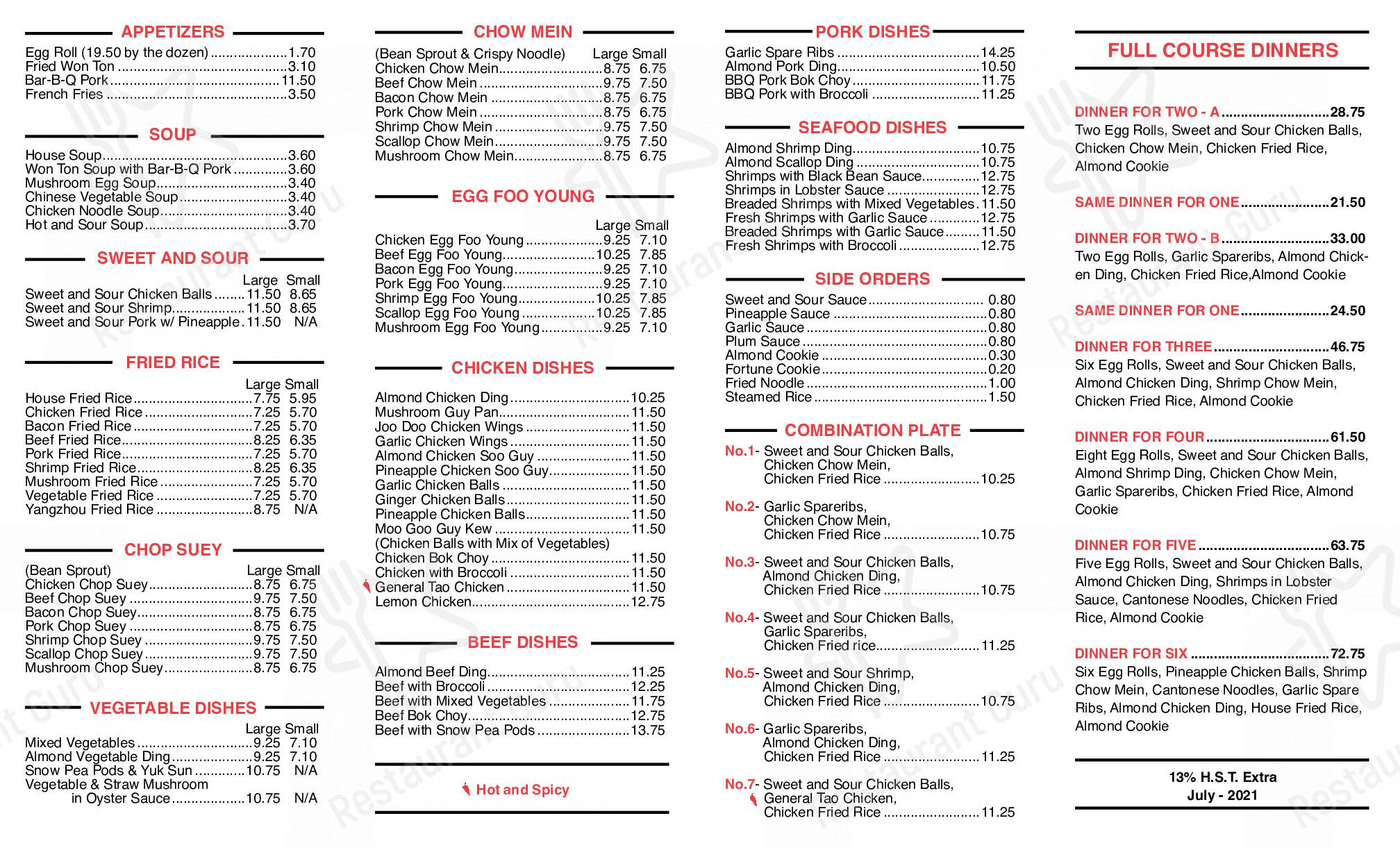 Menu at Welcome Back Chinese Restaurant, Ottawa, Robertson Rd