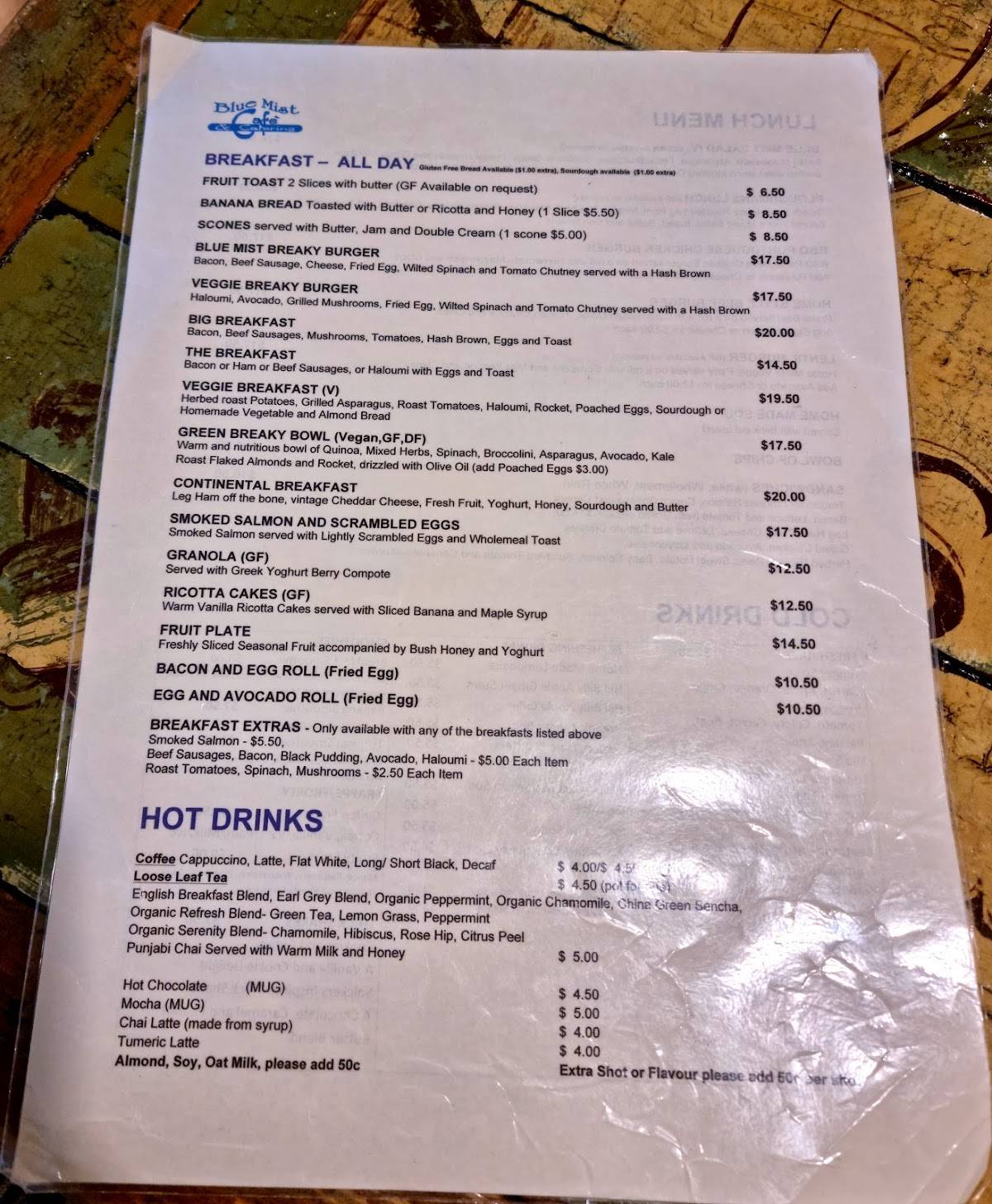 Menu at Blue Mist Cafe, Wentworth Falls