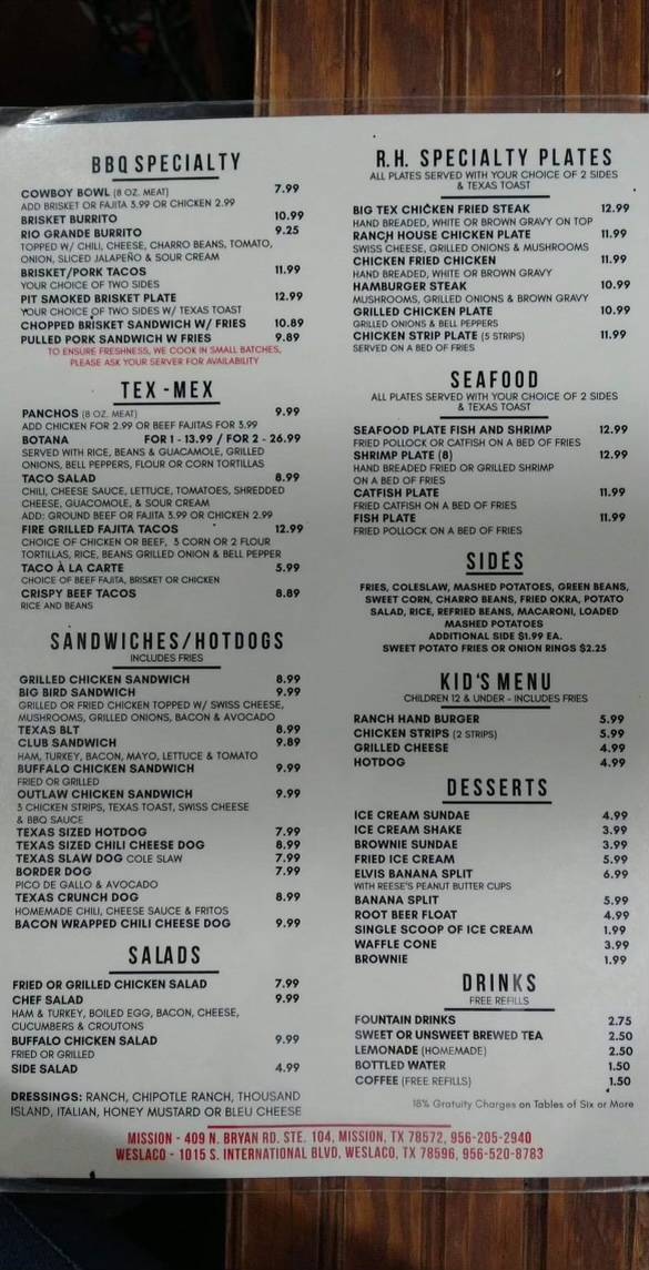 Menu at RUSTIC RANCH RESTAURANT, Weslaco