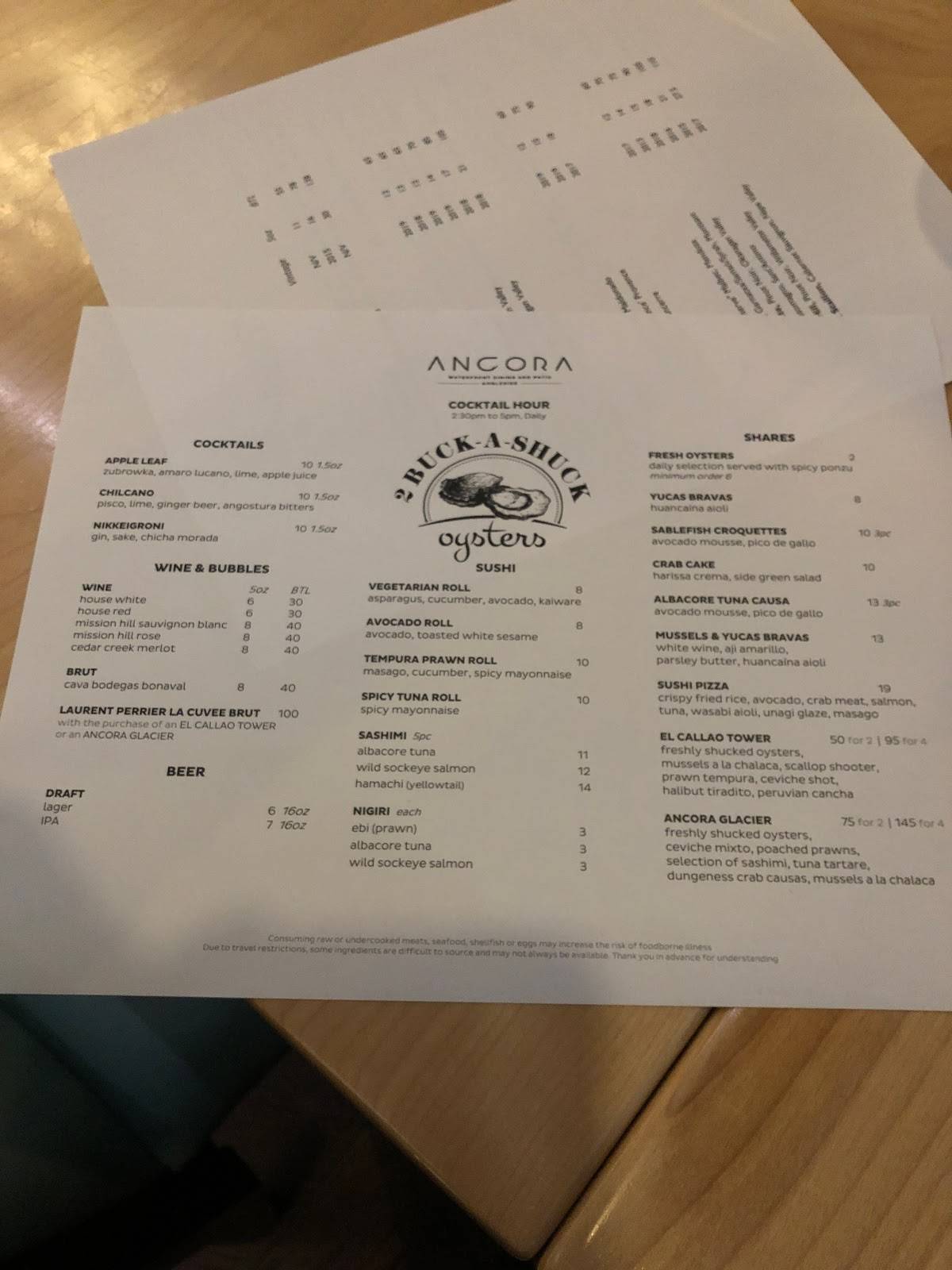 Carta del restaurante Ancora Waterfront Dining and Patio - Ambleside ...