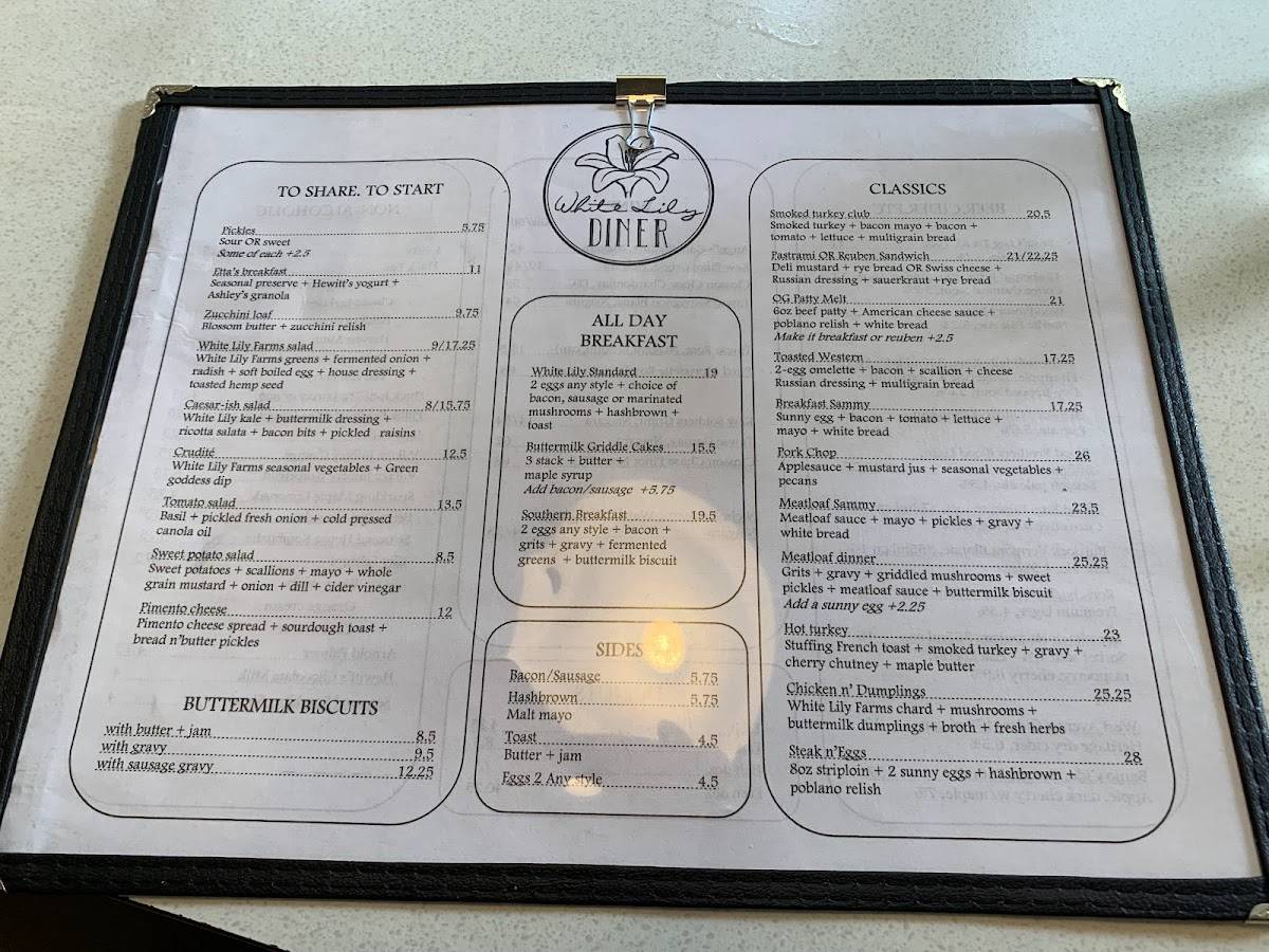 Menu at White Lily Diner restaurant, Toronto