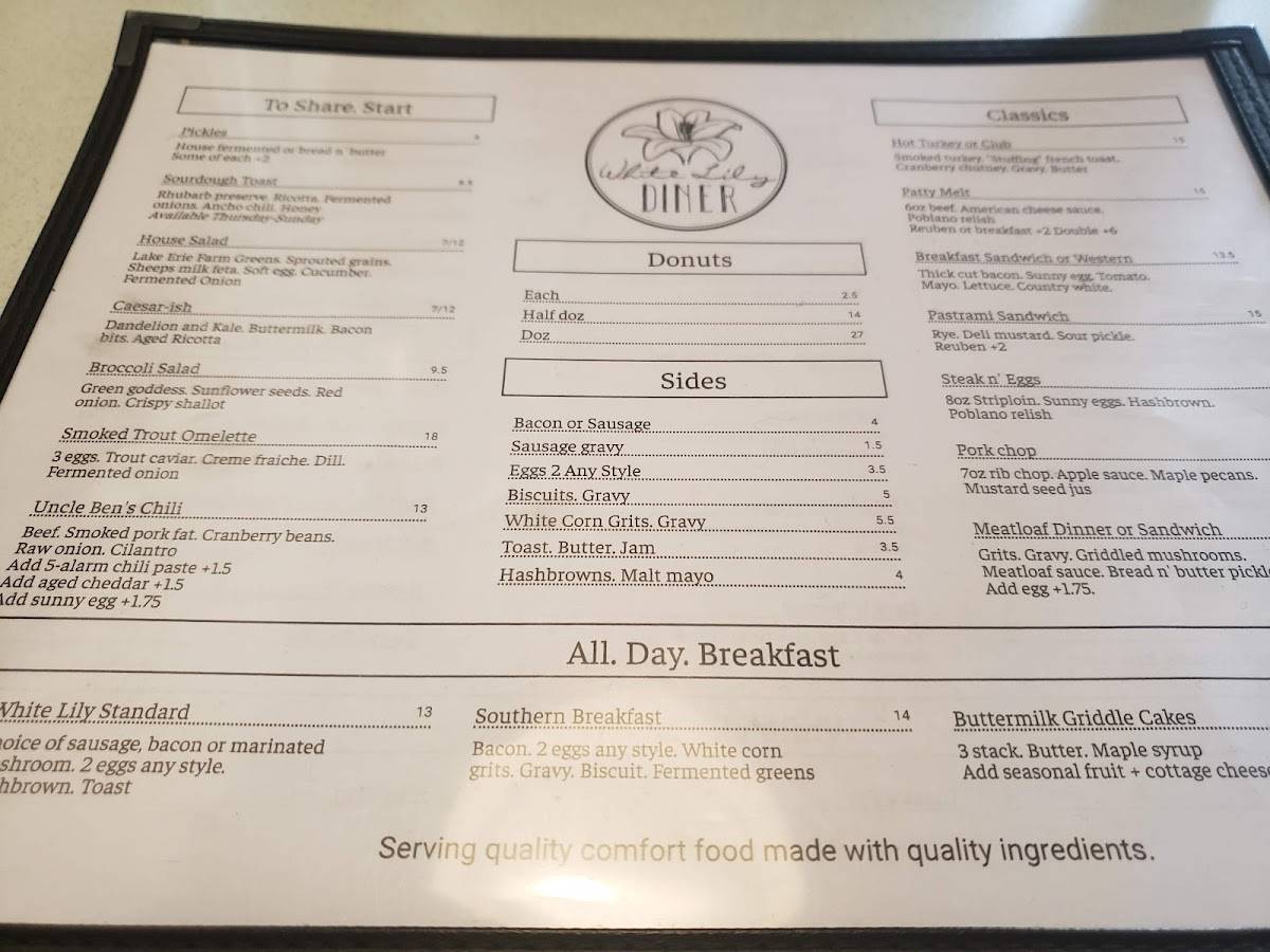 Menu at White Lily Diner restaurant, Toronto