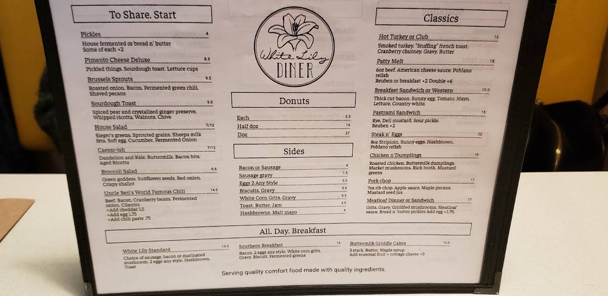 Menu at White Lily Diner restaurant, Toronto