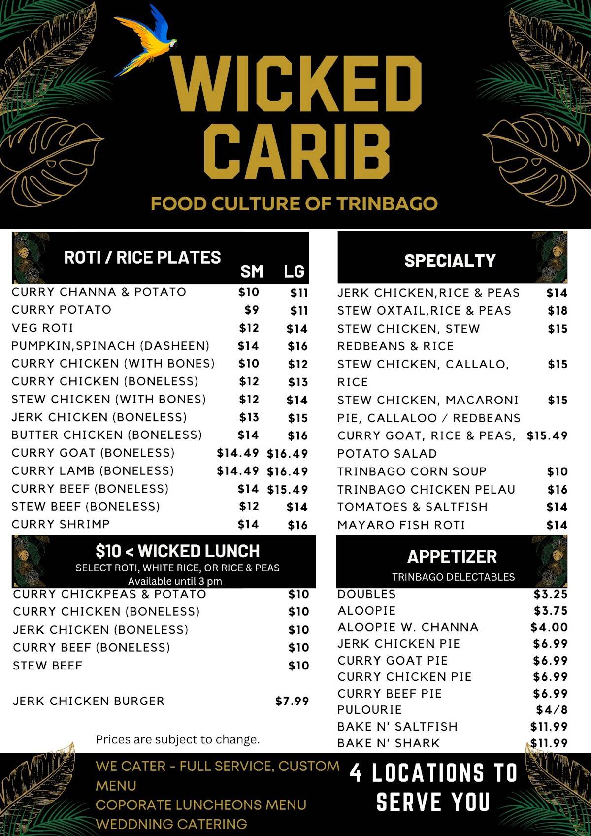 Menu at Wicked Carib, Food Culture of Trinbago restaurant, Toronto