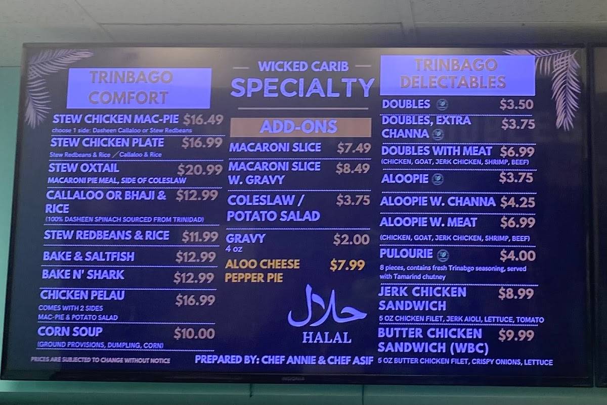 Menu at Wicked Carib, Food Culture of Trinbago restaurant, Toronto