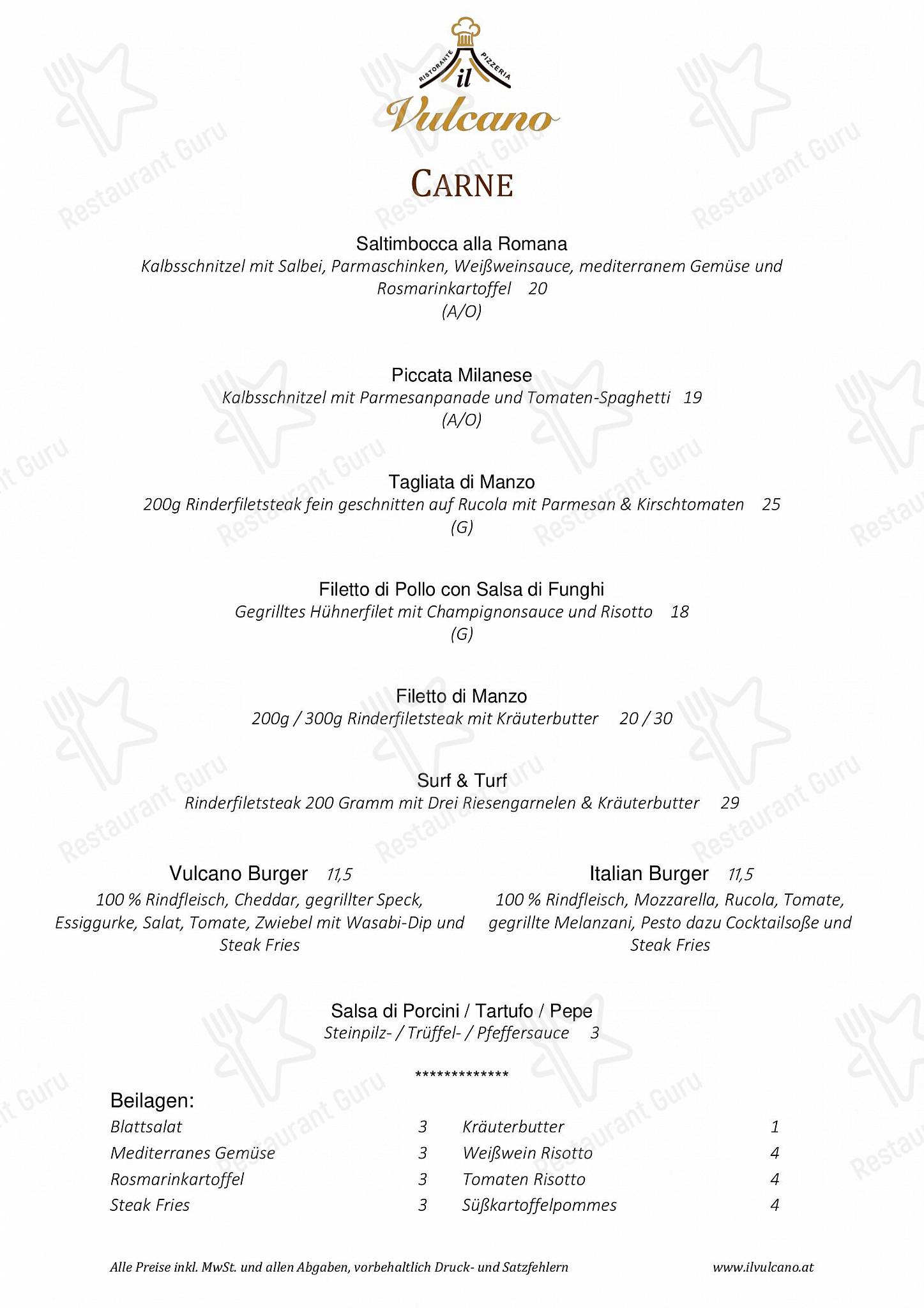 Speisekarte von Ristorante Il Vulcano restaurant, Wiener Neustadt