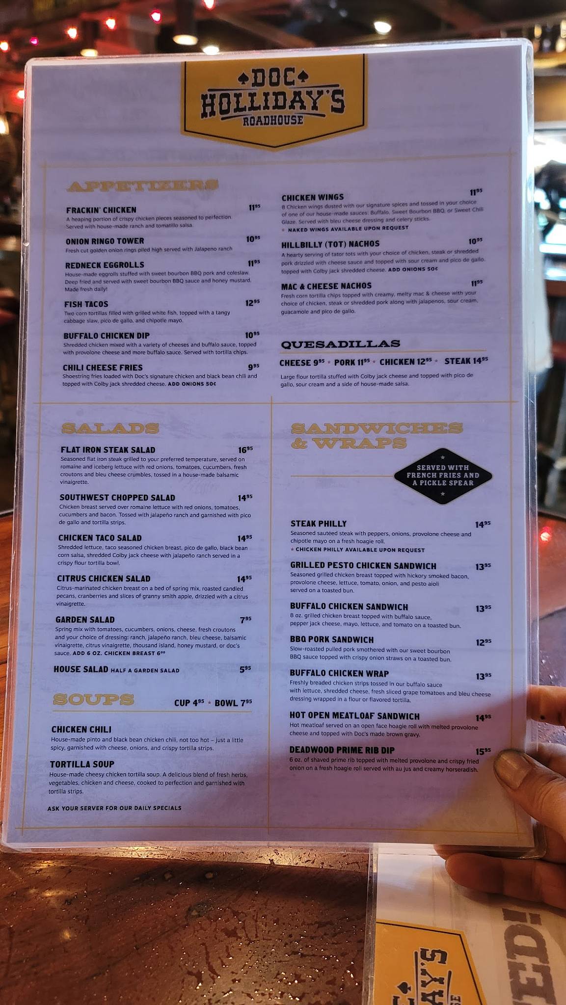 Menu at Doc Holliday's Roadhouse steakhouse, Williston