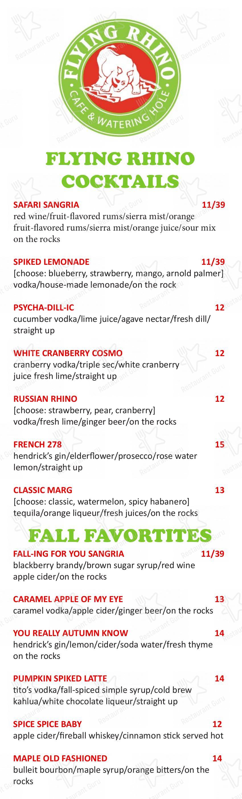 Menu at Flying Rhino Cafe, Worcester