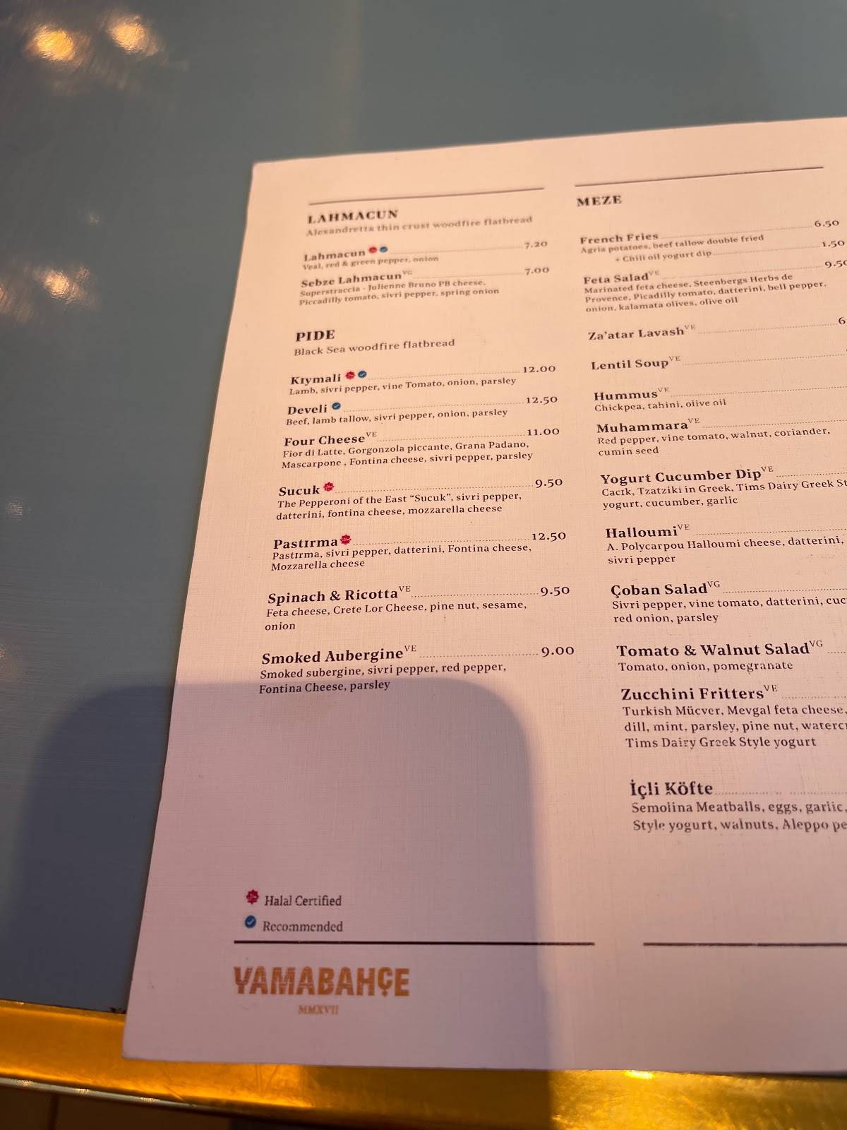 Menu at Yamabahçe restaurant, London, 26 James St