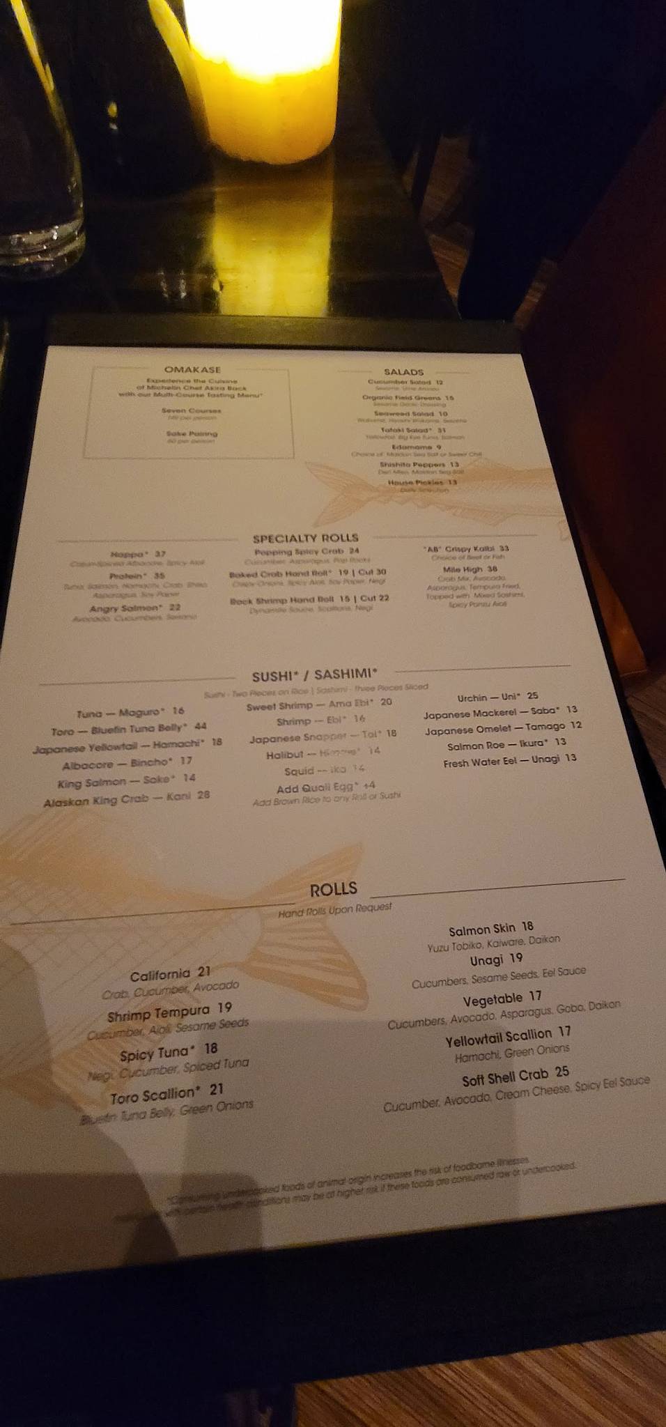 Menu at Yellowtail Japanese Restaurant & Lounge, Las Vegas