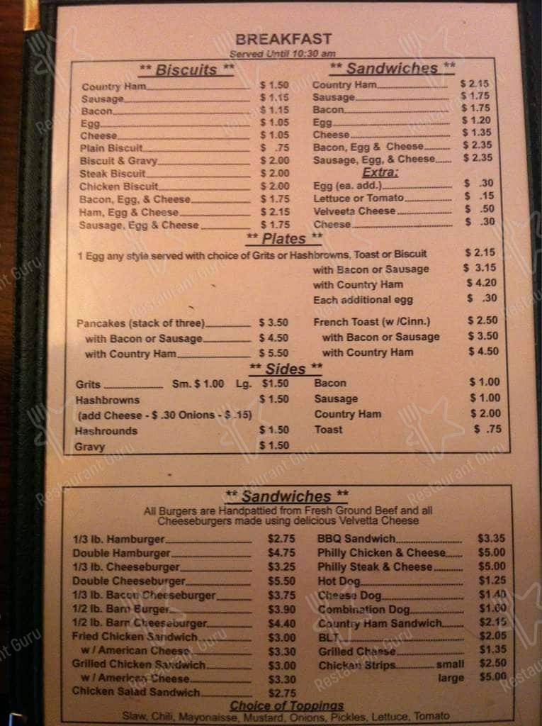 Menu at Yesterday's Grill restaurant, Snow Camp