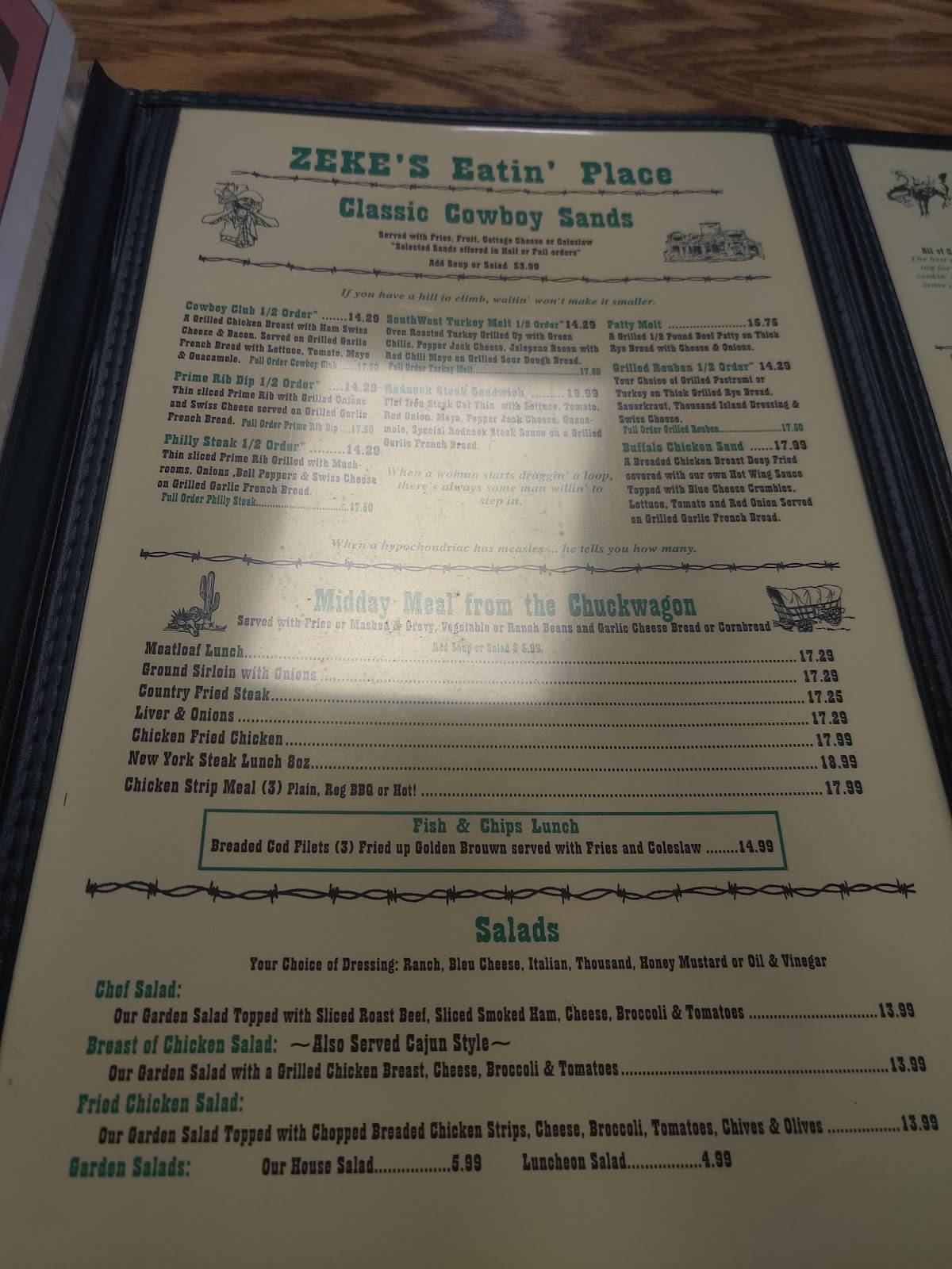 Menu at Zeke's Eatin' Place restaurant, Prescott