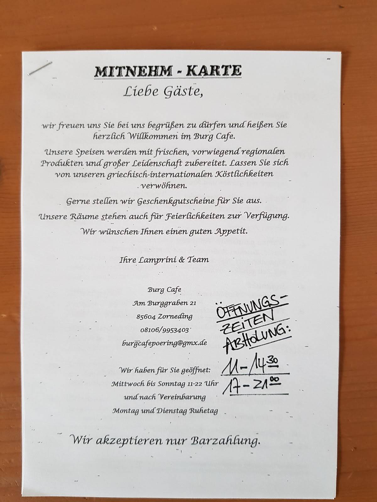 Speisekarte von Restaurant Burg Cafe, Zorneding
