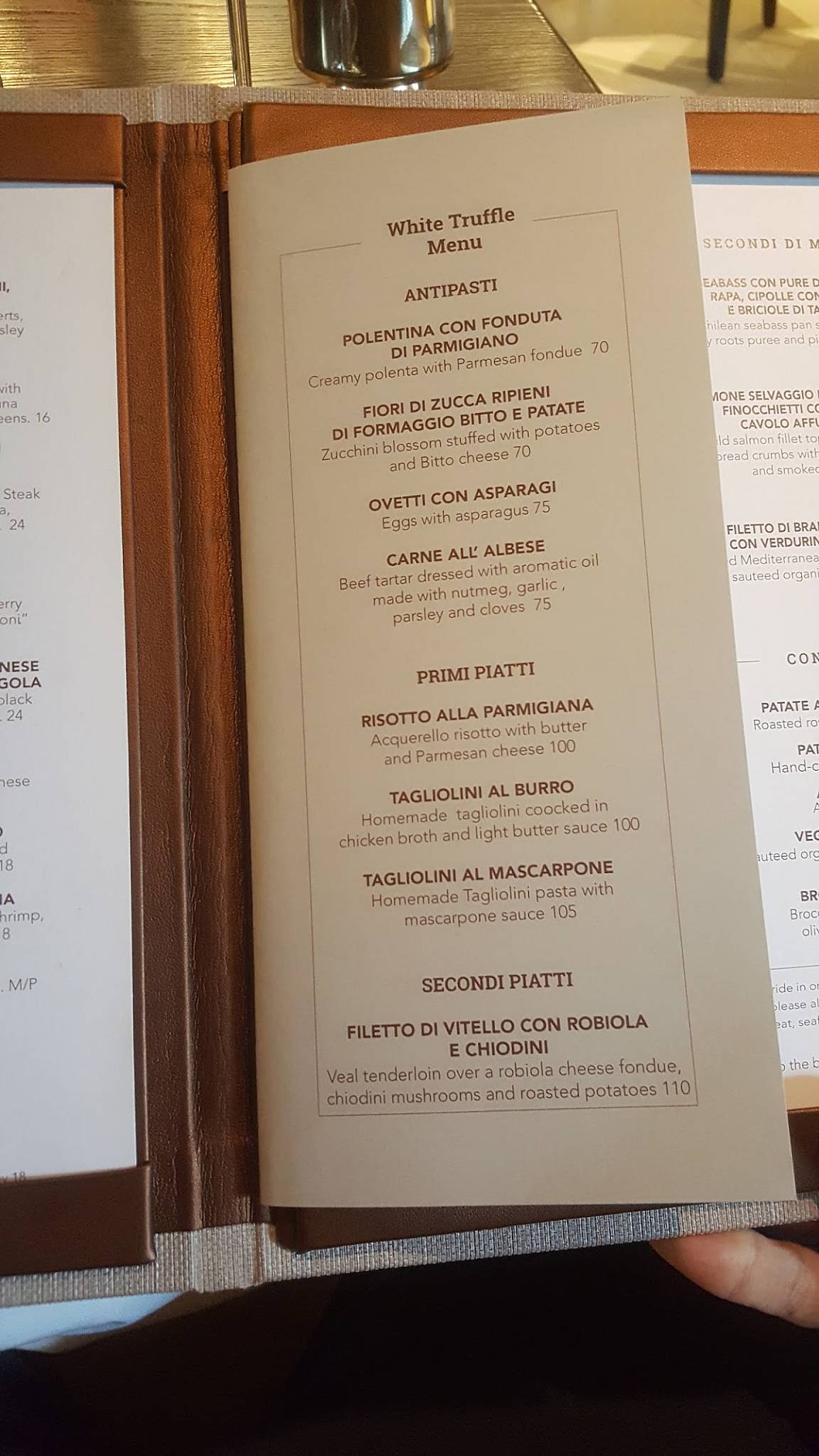 Menu at Zucca restaurant, Coral Gables