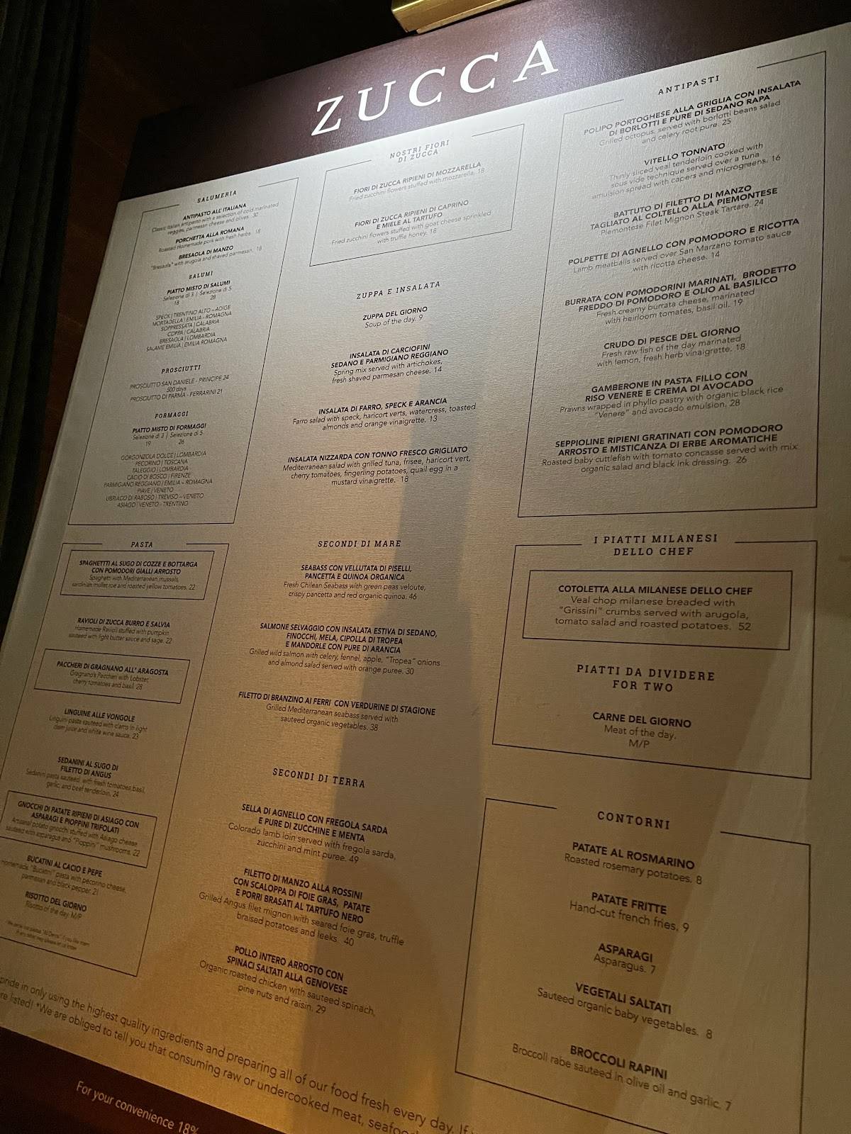 Menu at Zucca restaurant, Coral Gables