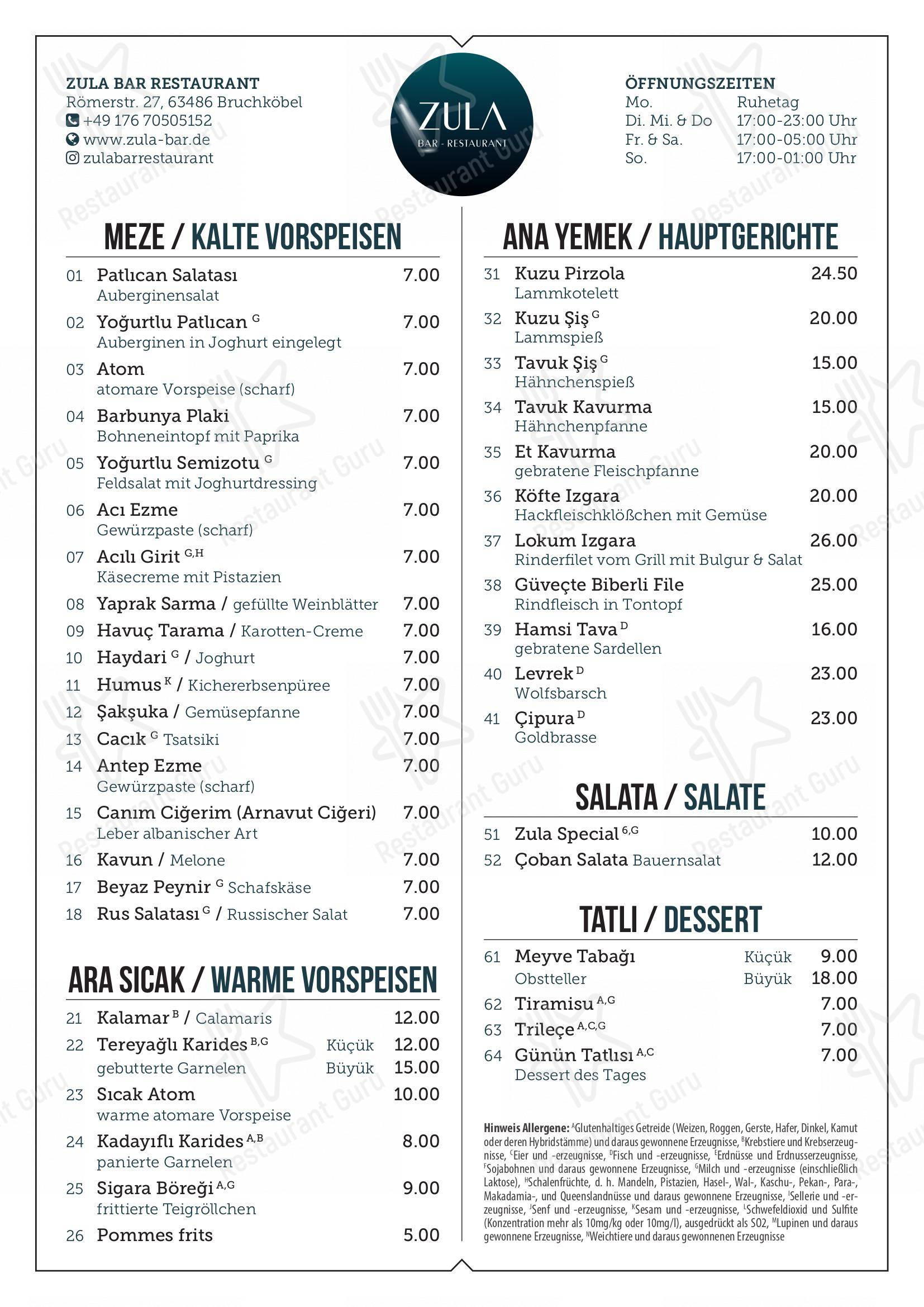 Menu at Zula Bar Restaurant, Bruchköbel