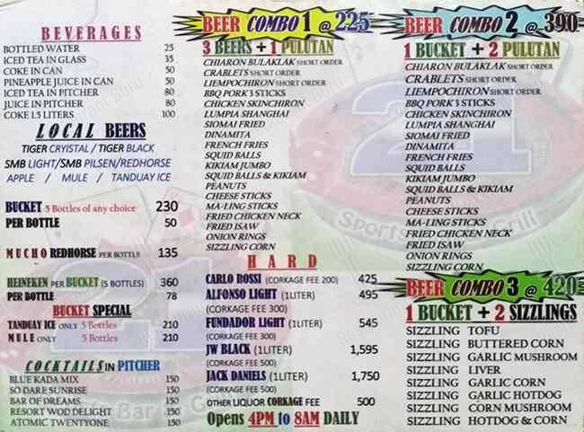 Menu at Bar 21, Manila