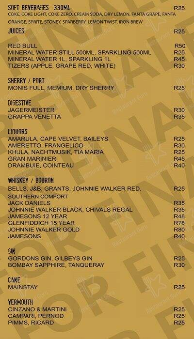 Menu at The Reef Hotel restaurant, Johannesburg