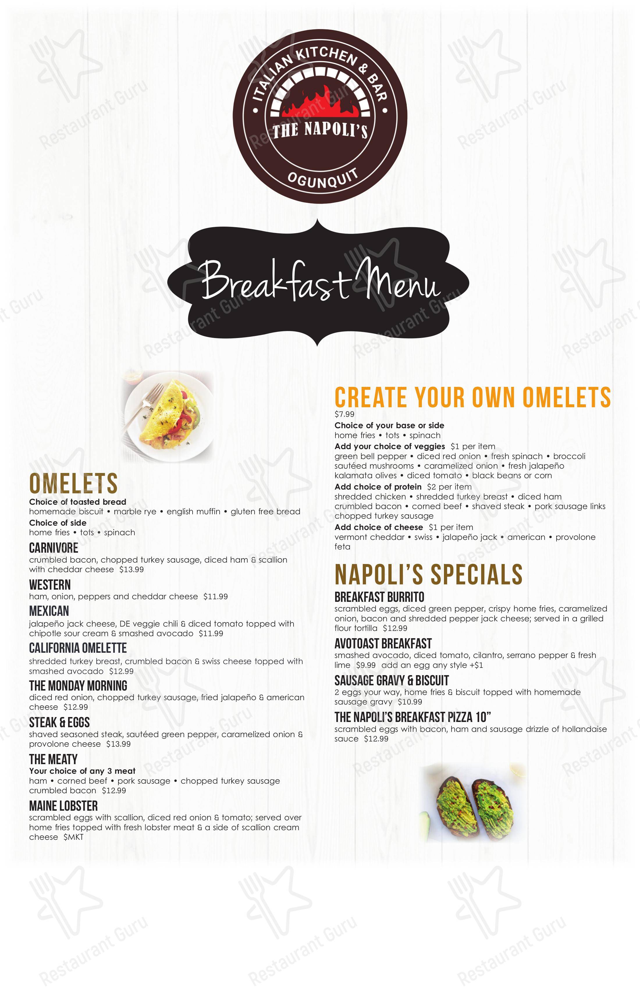 Menu at The Napoli’s - Italian Kitchen & Bar, Ogunquit, 667 Main St