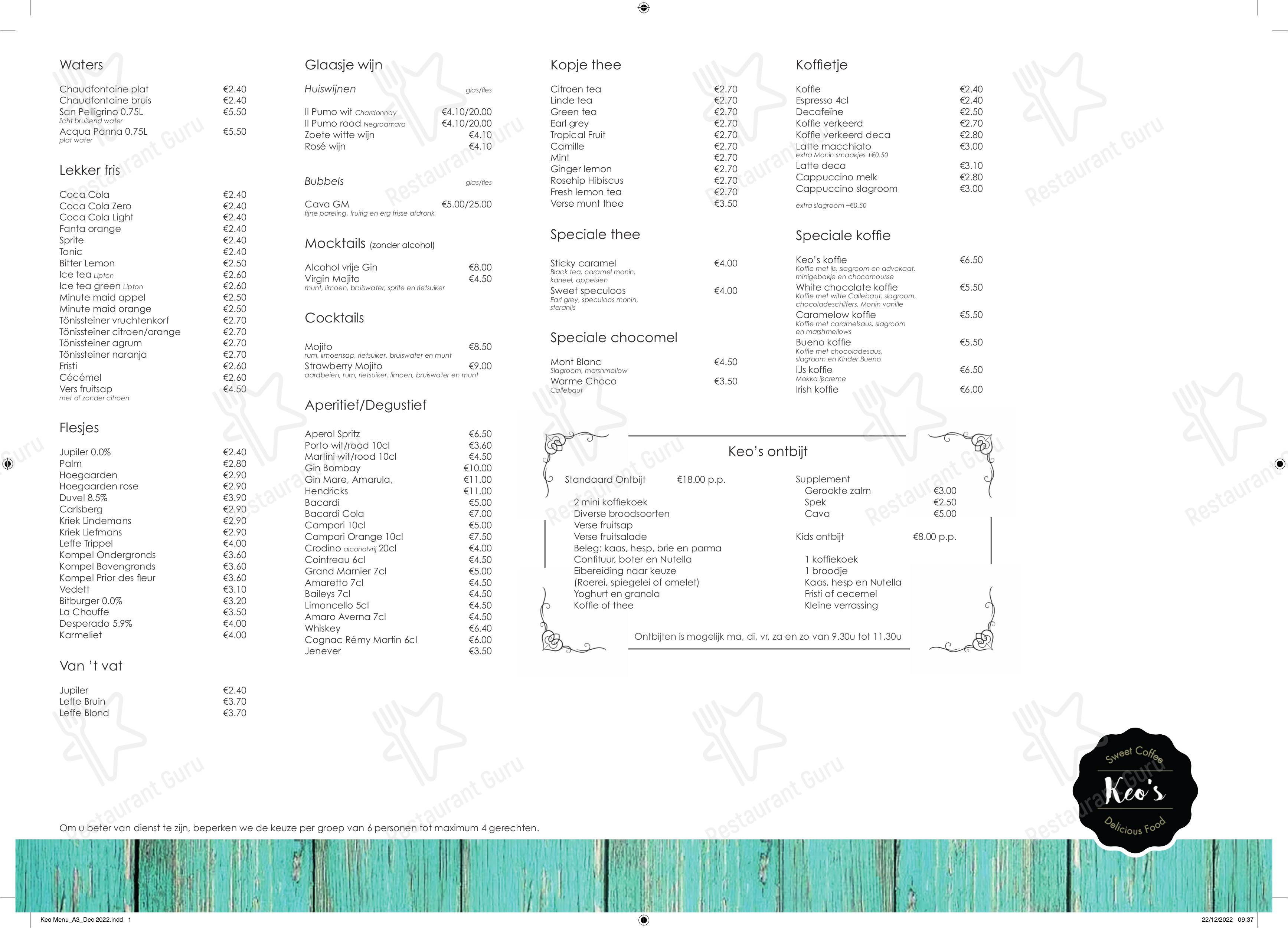 Menu at Keo ‘s, Maasmechelen