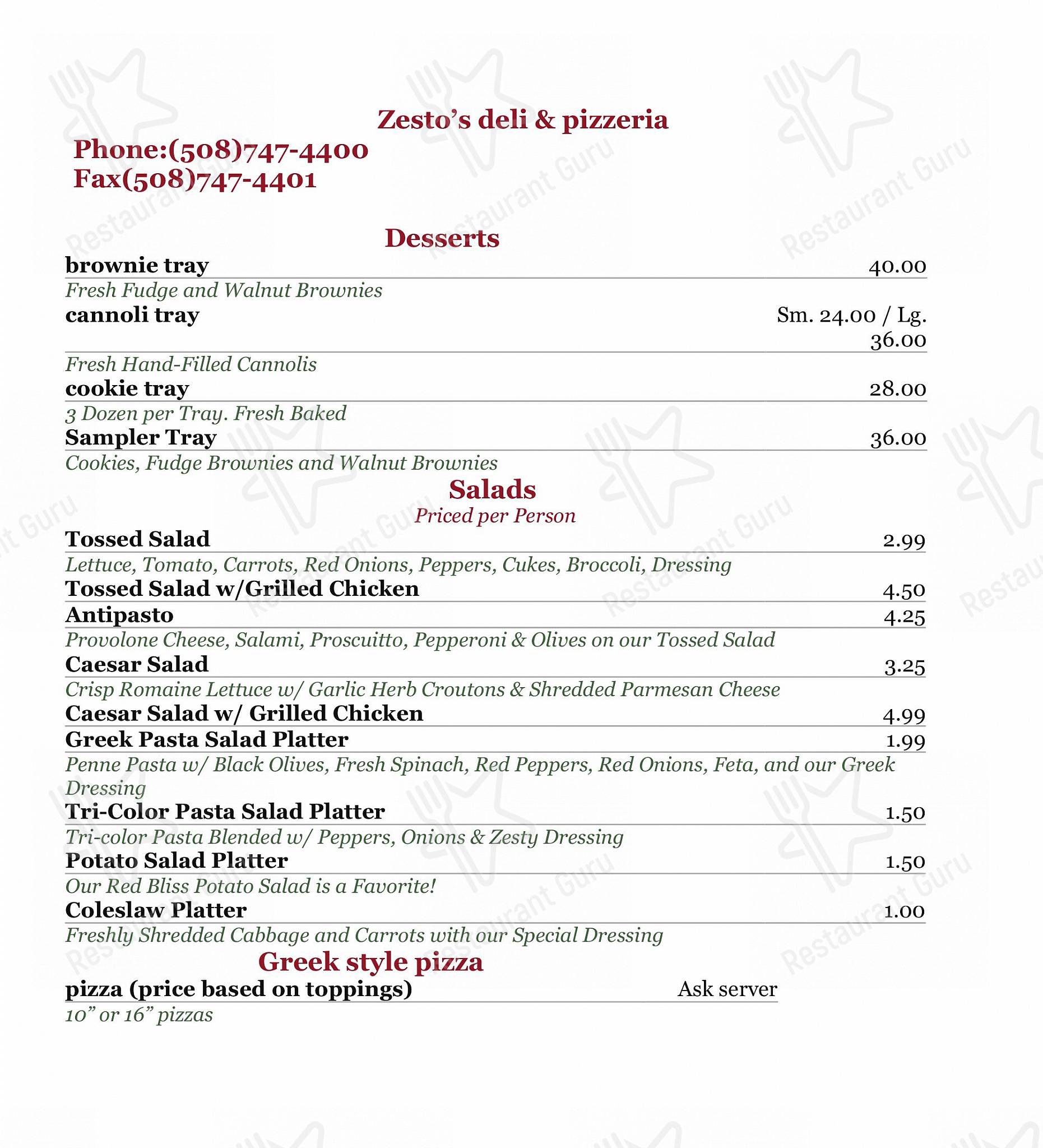 Menu at Zesto's Deli & Pizzeria, Plymouth