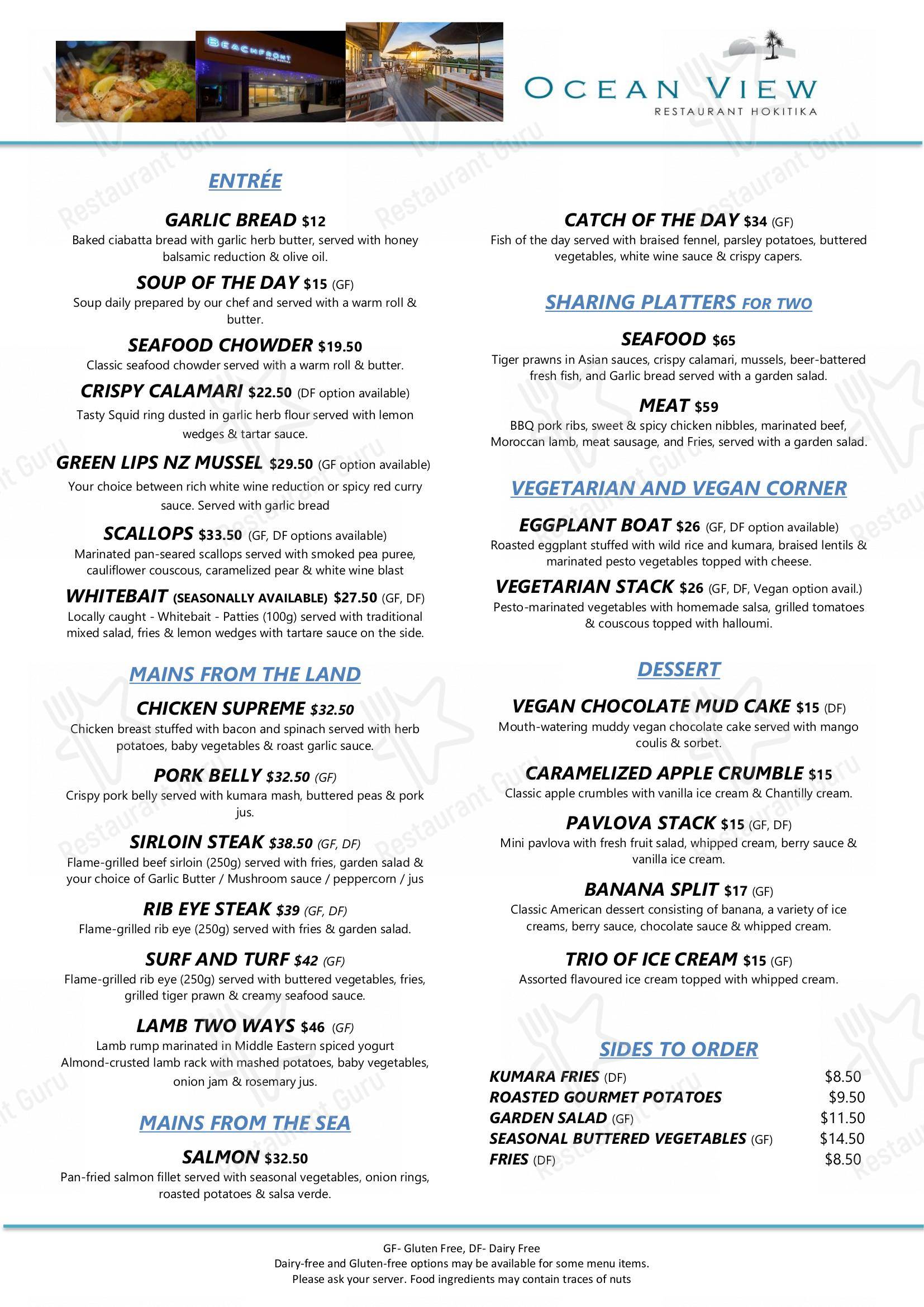 Menu at Ocean View Restaurant, Hokitika