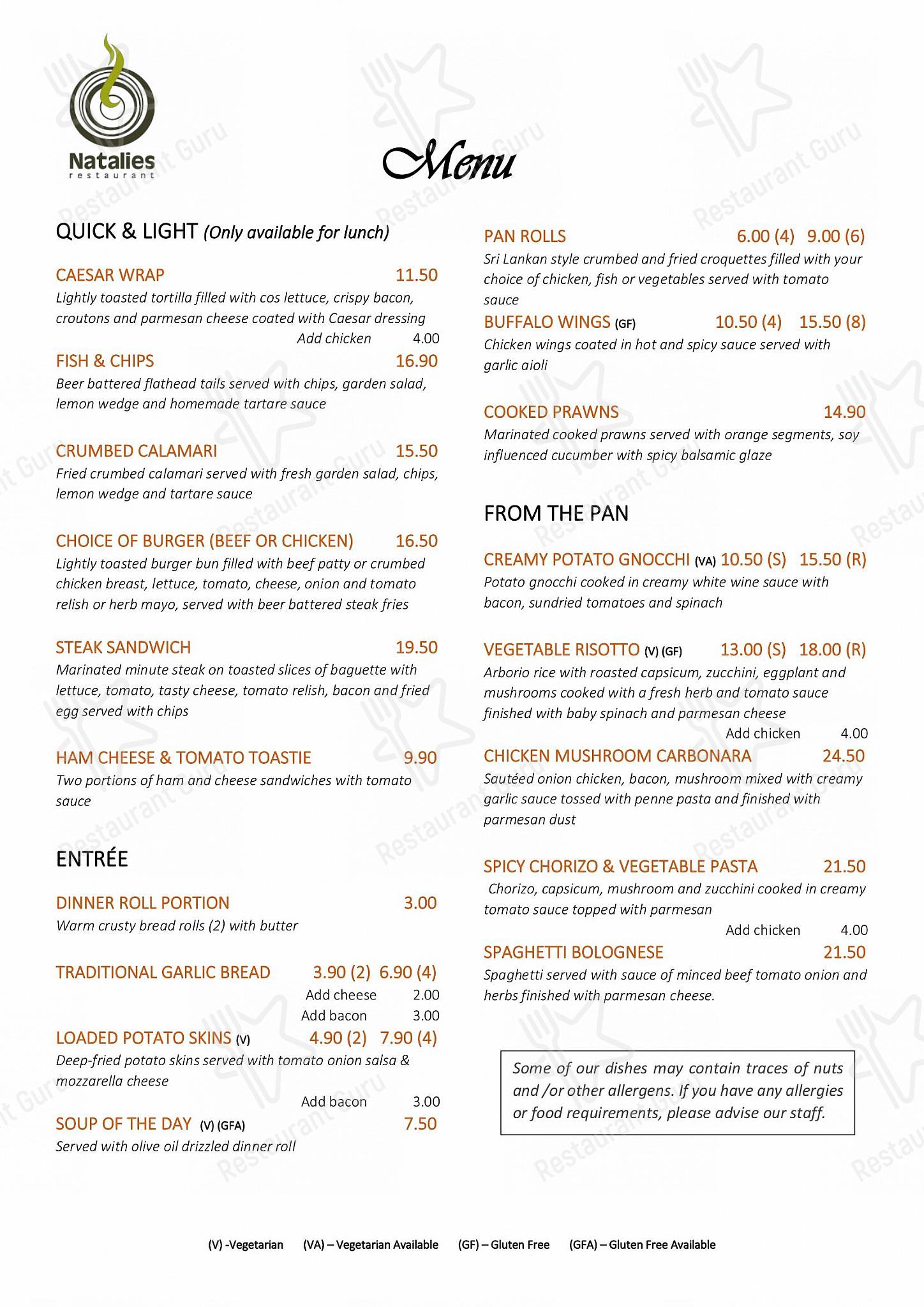 Menu at Natalie's Restaurant & BAR, Mitcham