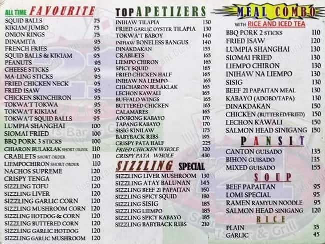 Menu at Bar 21, Manila
