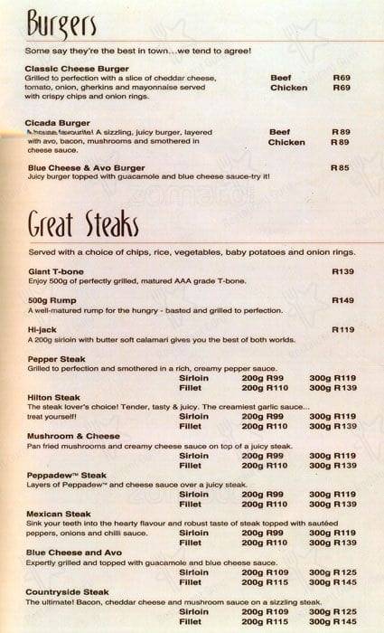 Menu at Cicada restaurant, Nelspruit