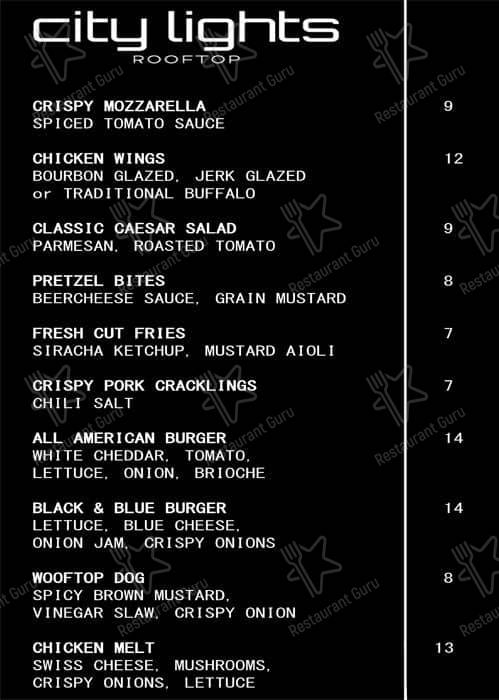 Menu at City Lights Rooftop pub & bar, Charlotte