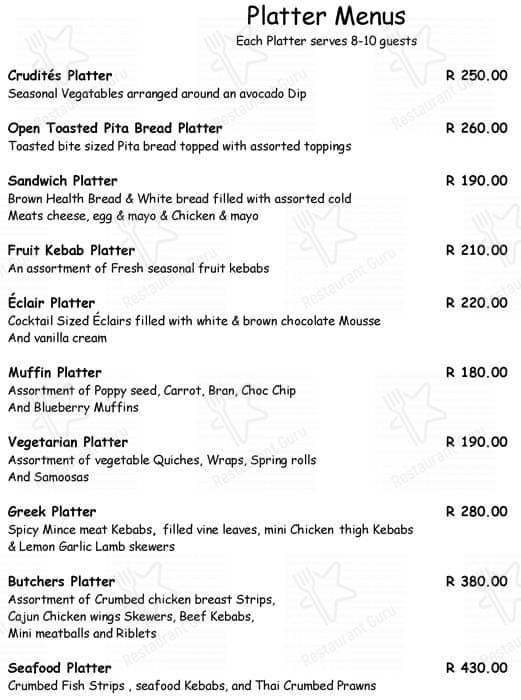 Menu at Cradle Moon Lakeside Game Lodge restaurant, Roodepoort