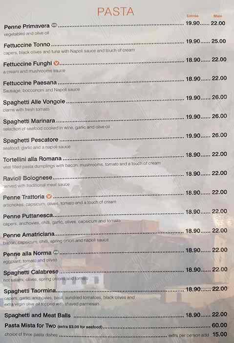 Menu at Maria's Trattoria restaurant, North Melbourne