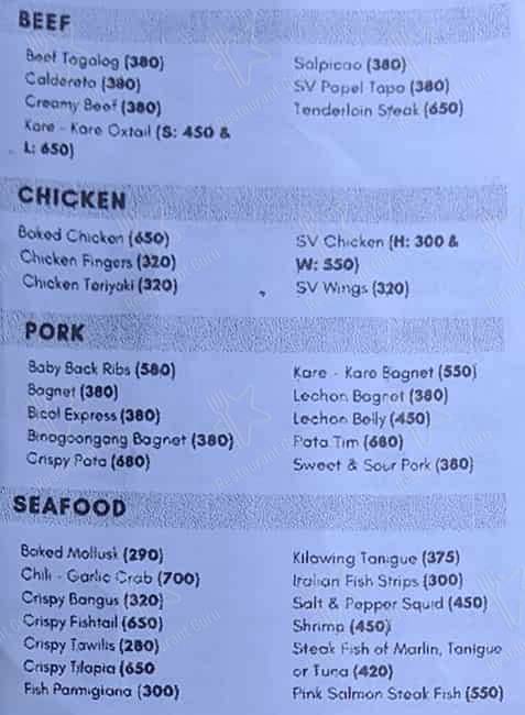 Menu at Sol Victoria's restaurant, Tagaytay