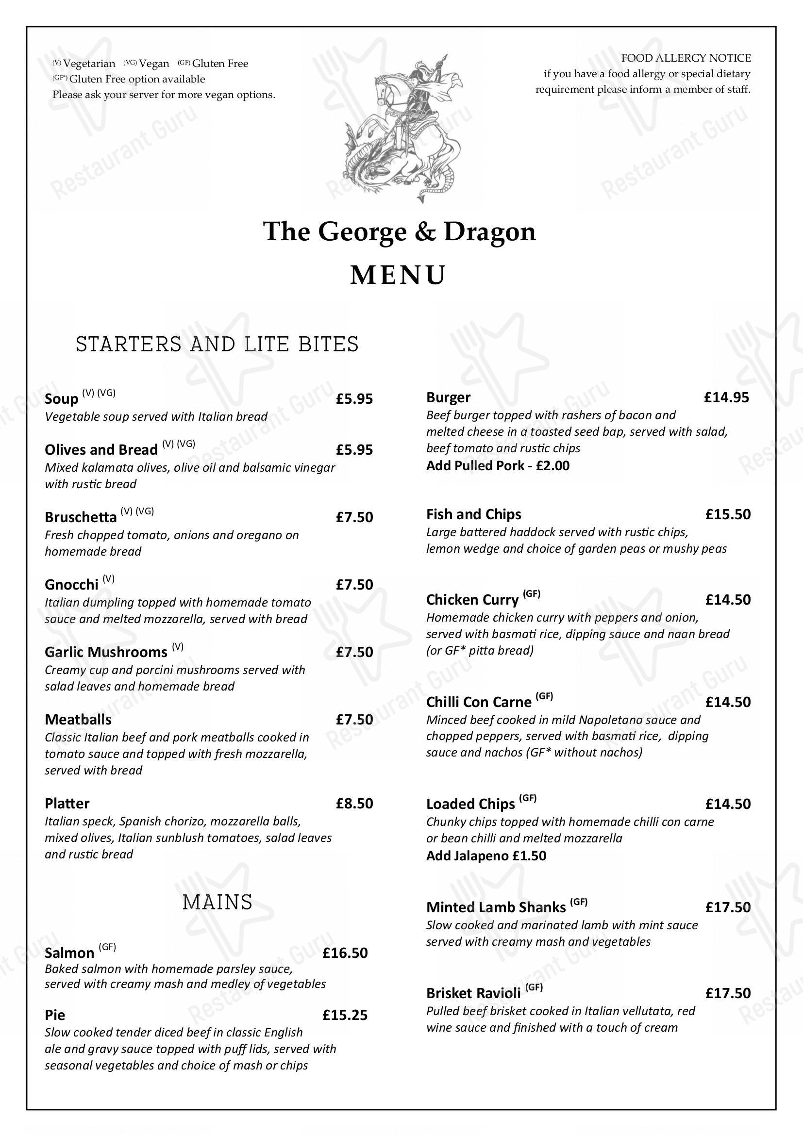 Menu at The George & Dragon pub & bar, Ashbourne