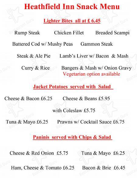 Menu at The Heathfield Inn pub & bar, Honiton