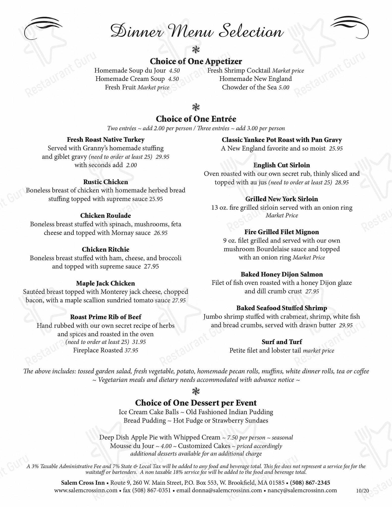 Menu at Salem Cross Inn restaurant, West Brookfield