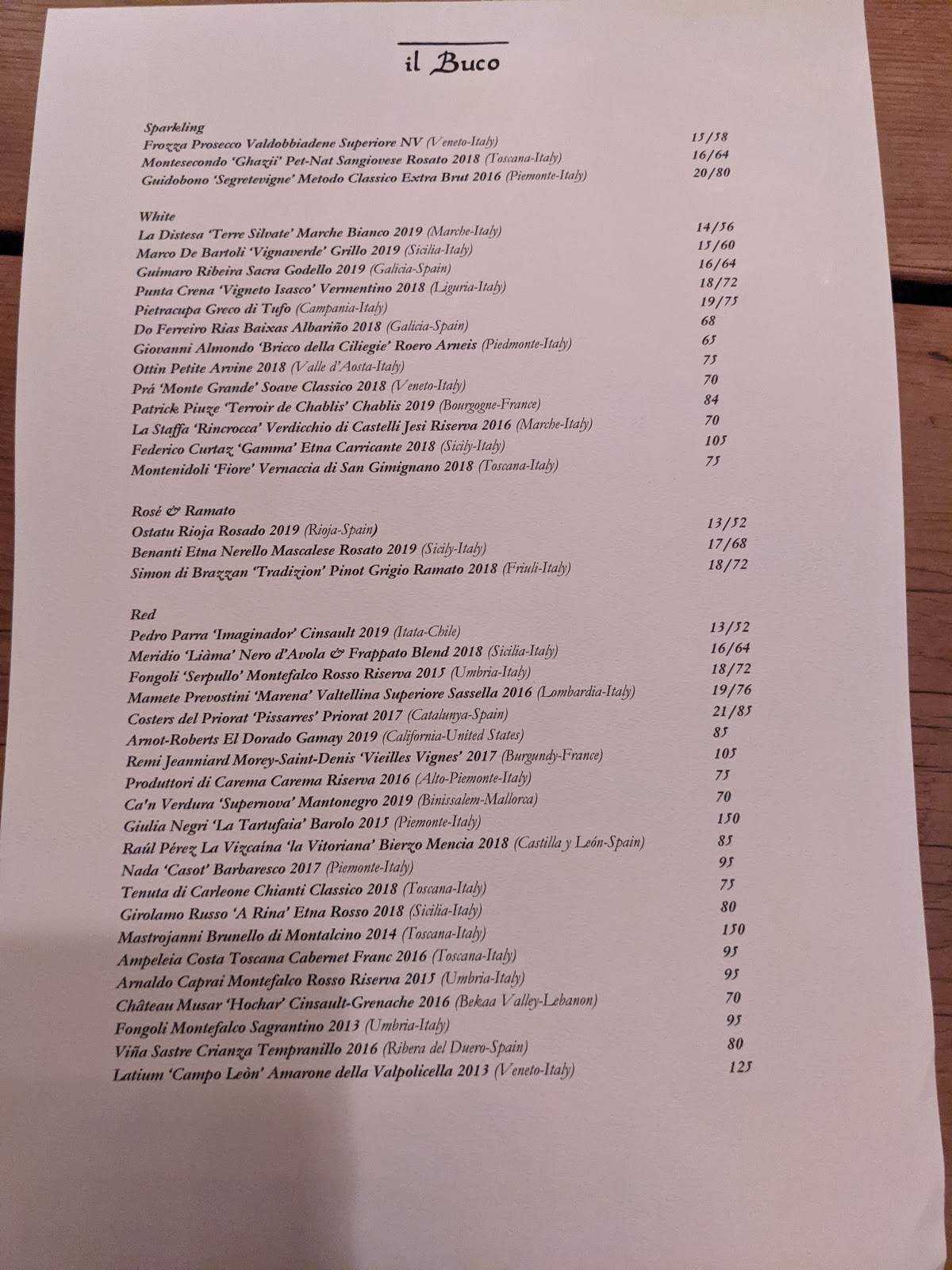 Menu at il Buco restaurant, New York City