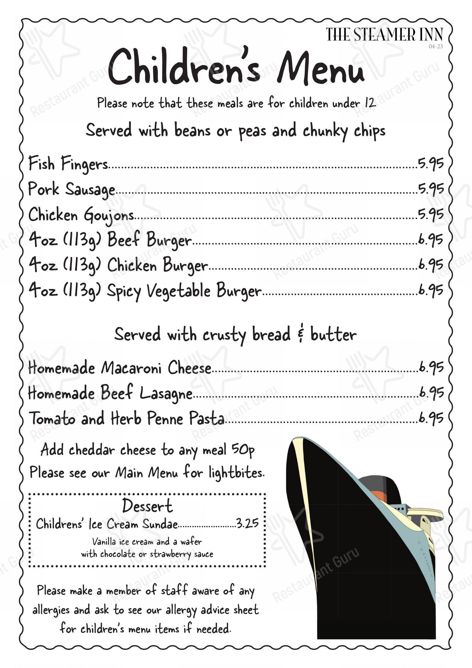 Menu at The Steamer Inn pub & bar, Shanklin