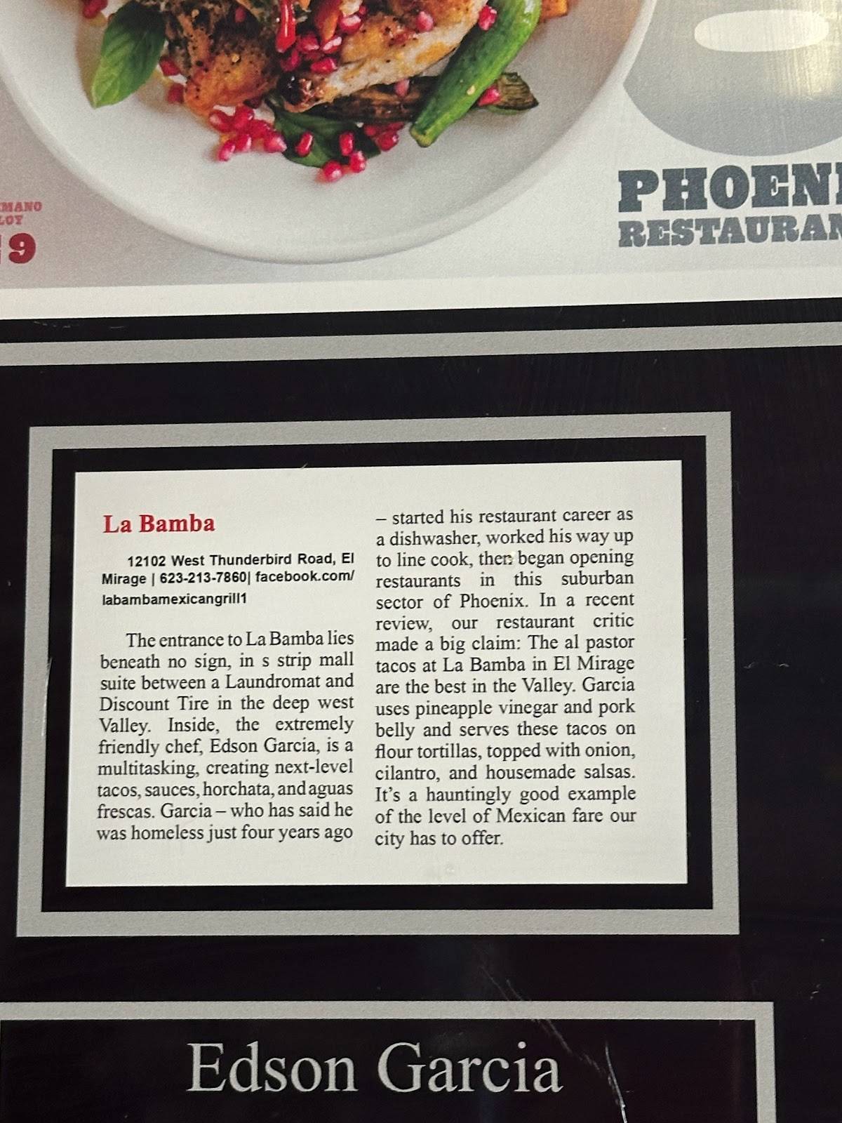 Menu at la bamba mexican grill restaurant, El Mirage