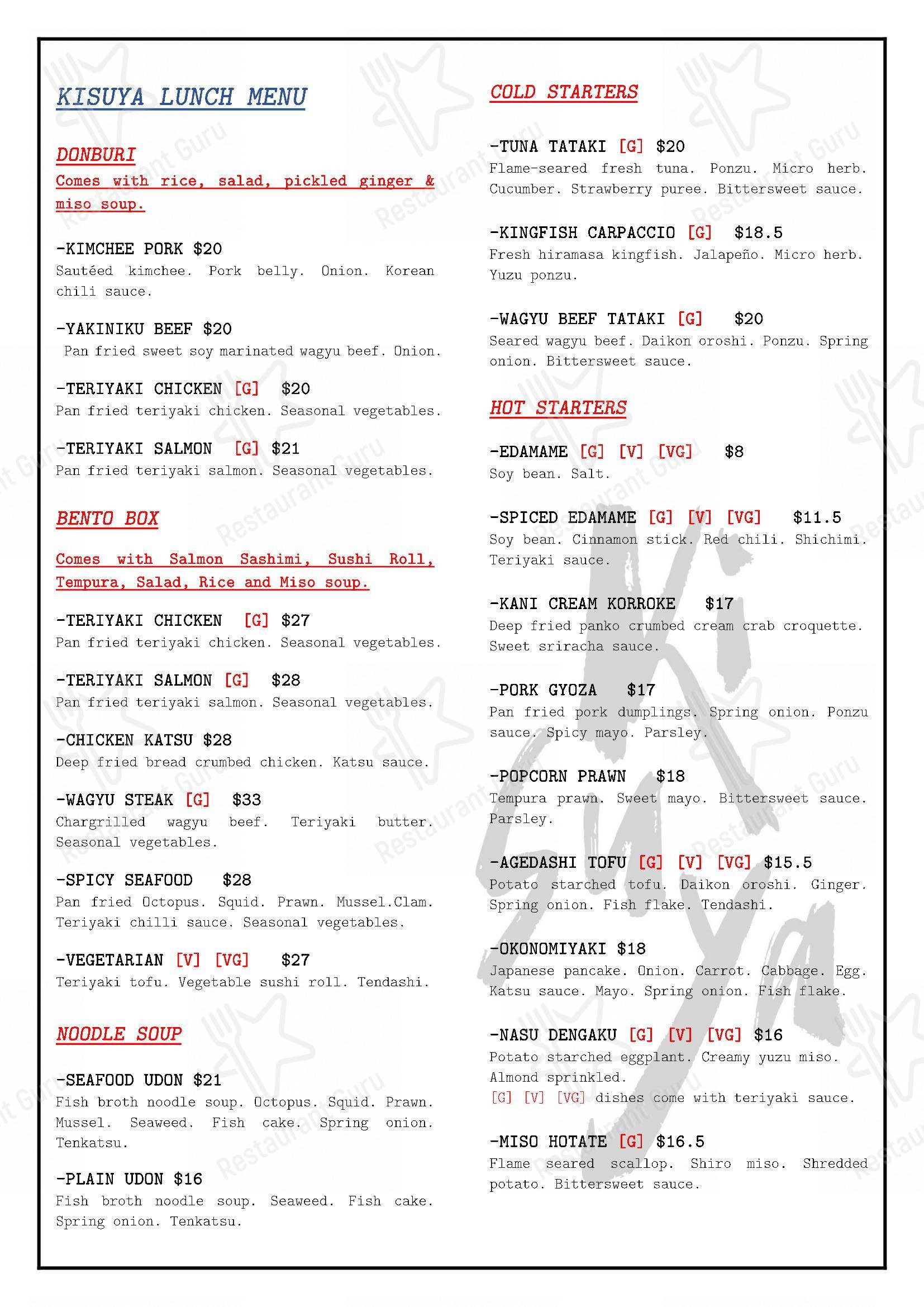 Menu at Kisuya Japanese Restaurant, Windradyne