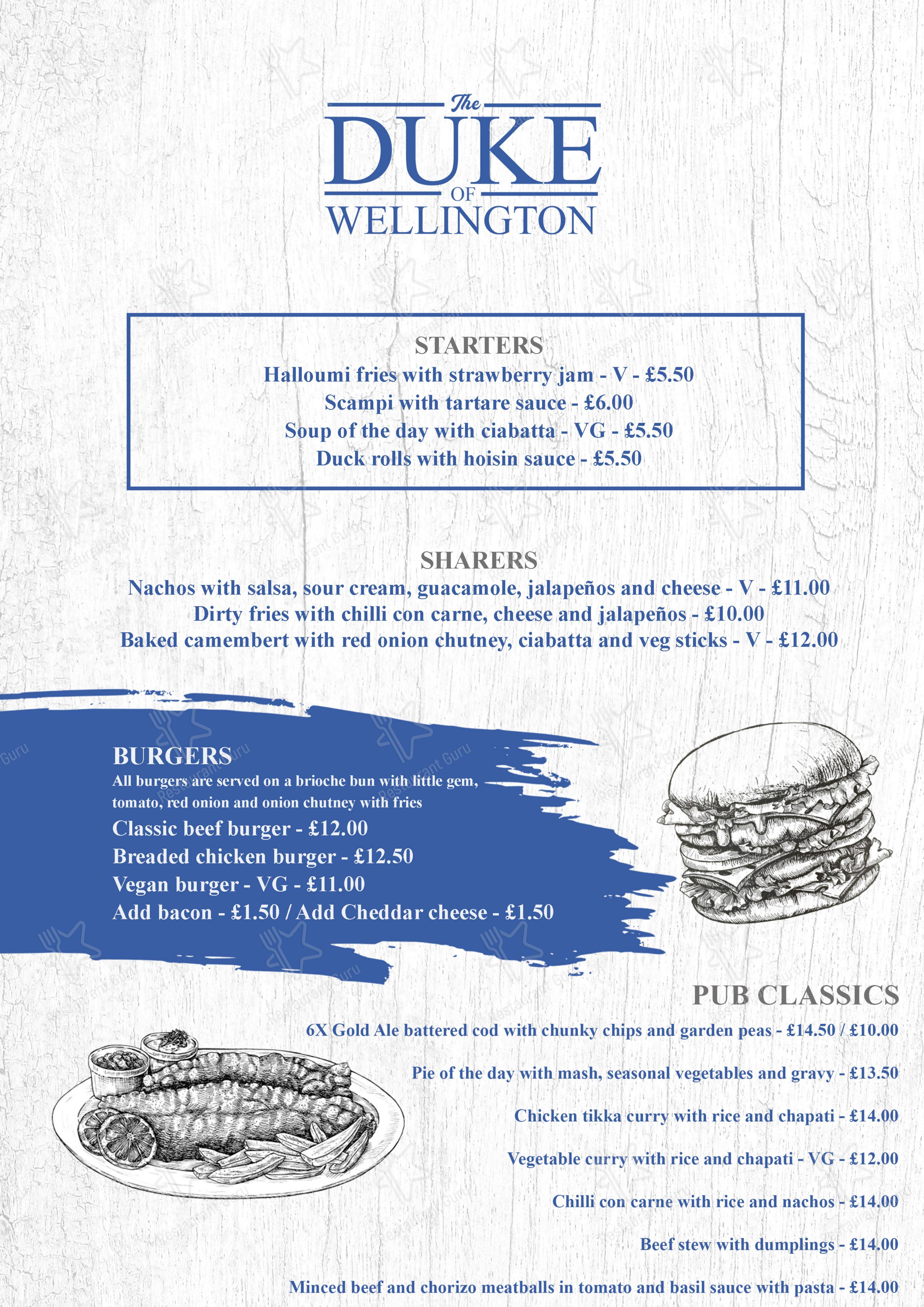 Menu at Duke of Wellington pub & bar, Southampton