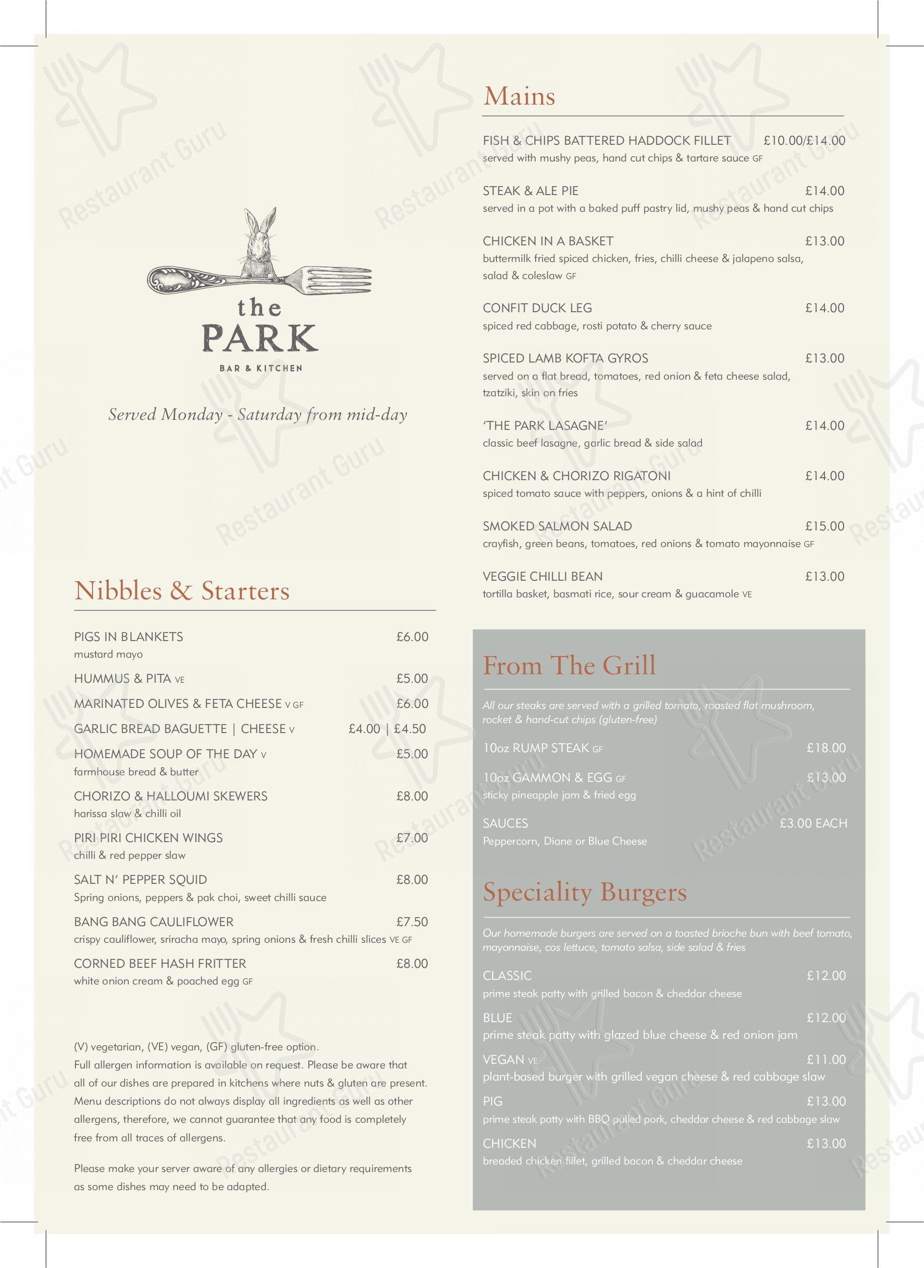 Menu at The Park Bar & Kitchen, St Helens
