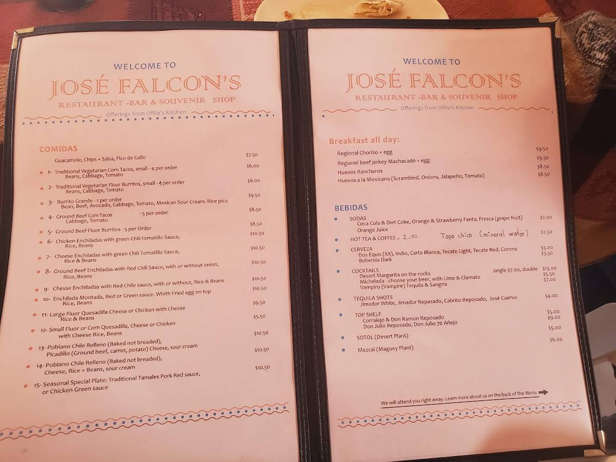 Menu at Jose Falcon's Restaurant & Bar, Boquillas del Carmen