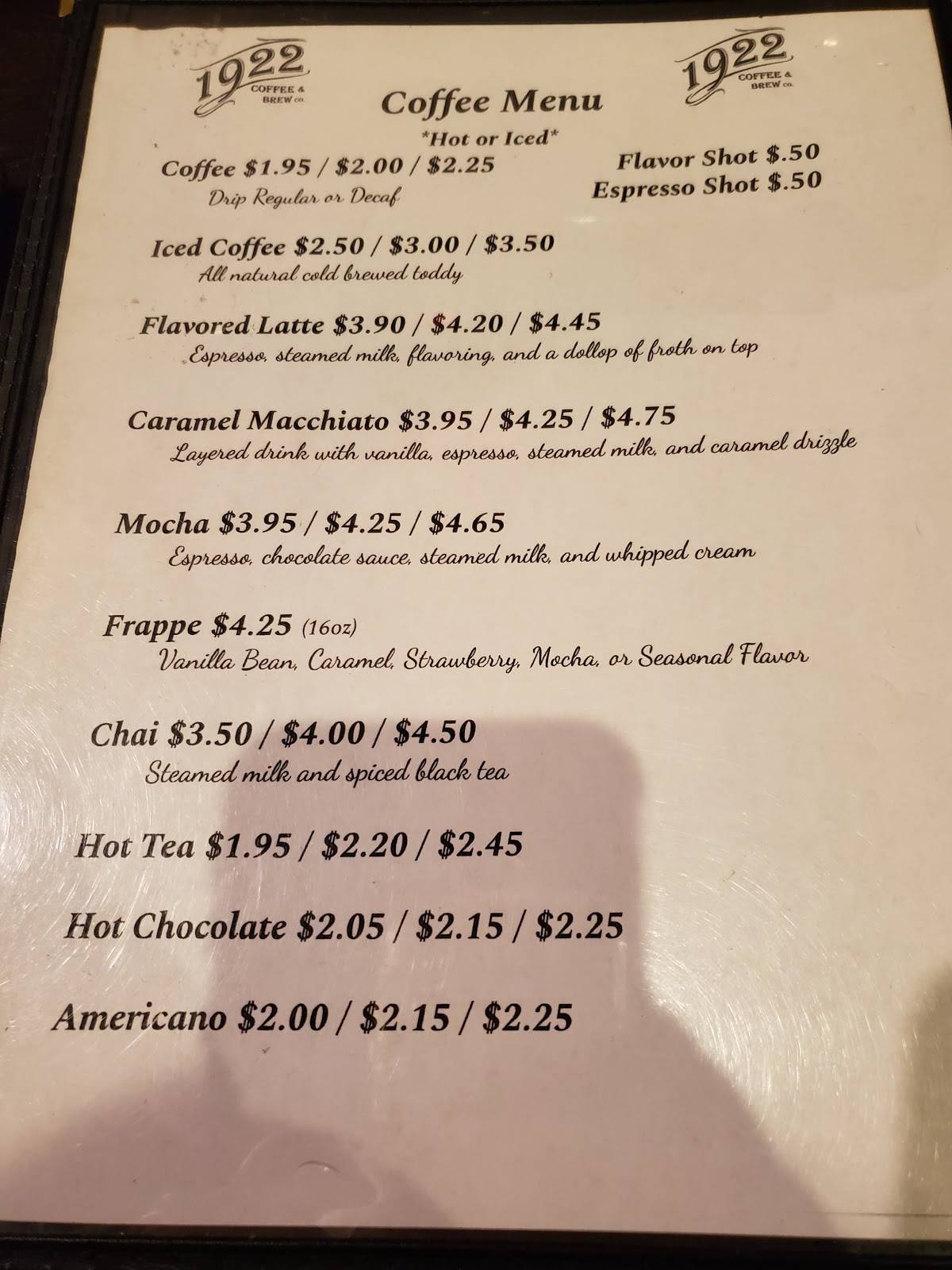 Menu at 1922 Coffee And Brew pub & bar, Painesville