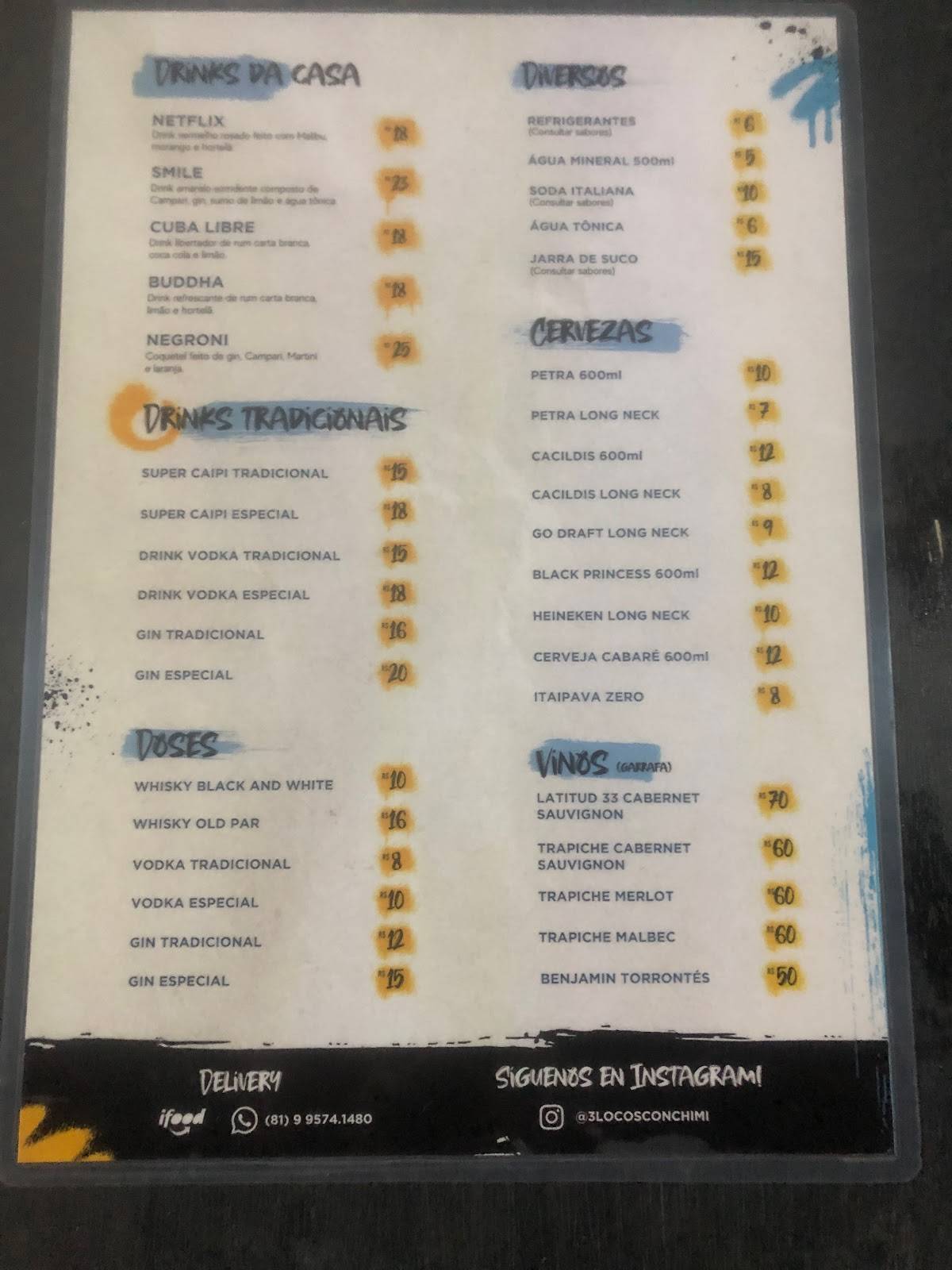 Menu at 3 Locos Con Chimi pub & bar, Recife