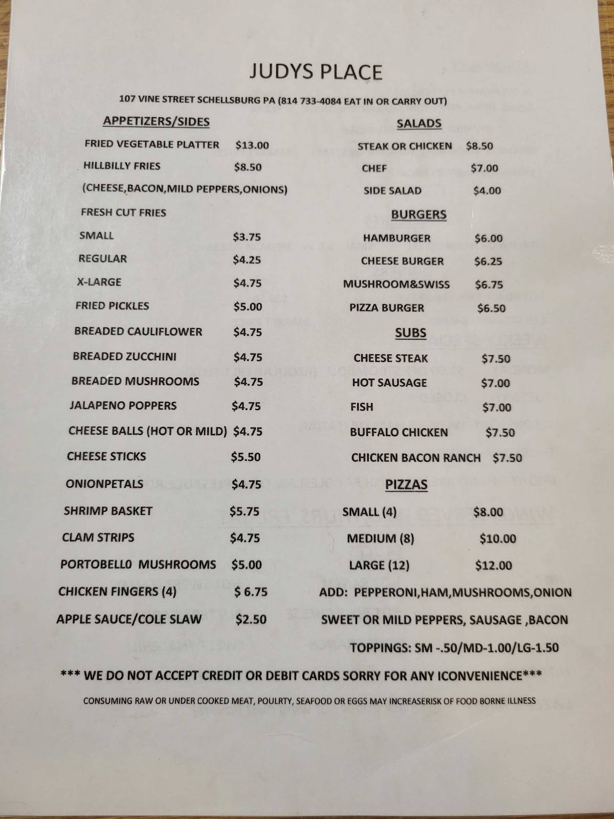 Menu at 9 Mile Tavern pizzeria, Schellsburg