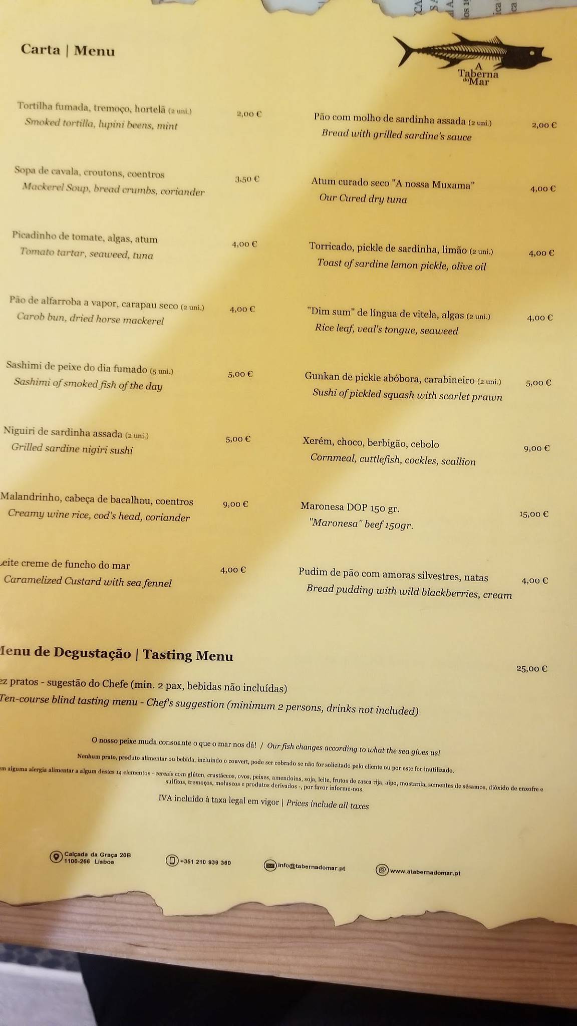 Menu em A Taberna Do Mar restaurante, Lisboa