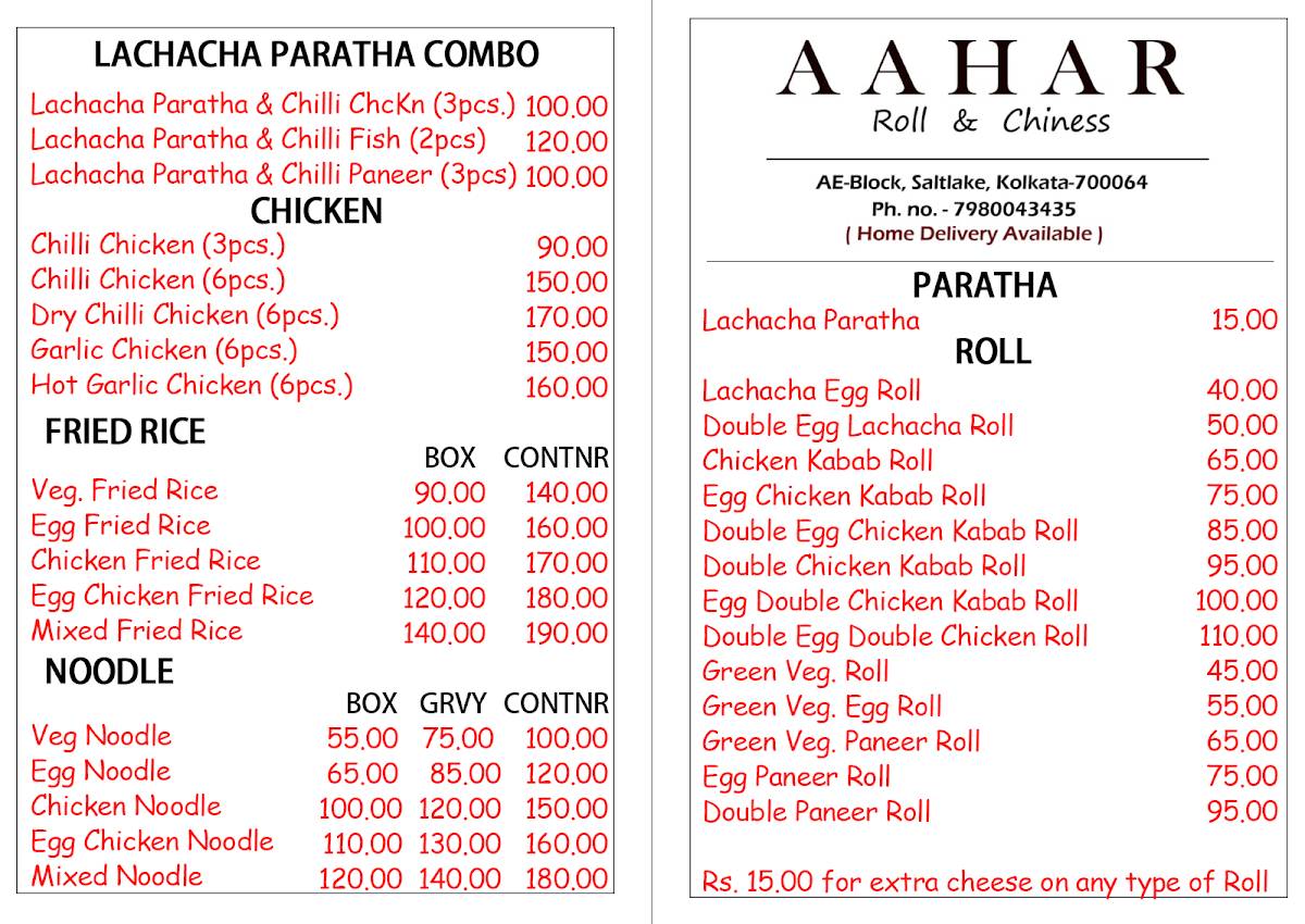 Menu at AAHAR ROLL & CHINESE, Kolkata, FOOTBRIDGE