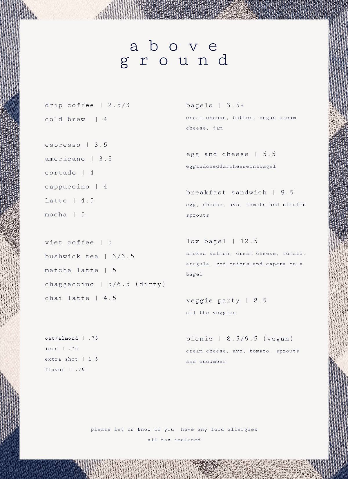 Menu at Above Ground cafe, New York City