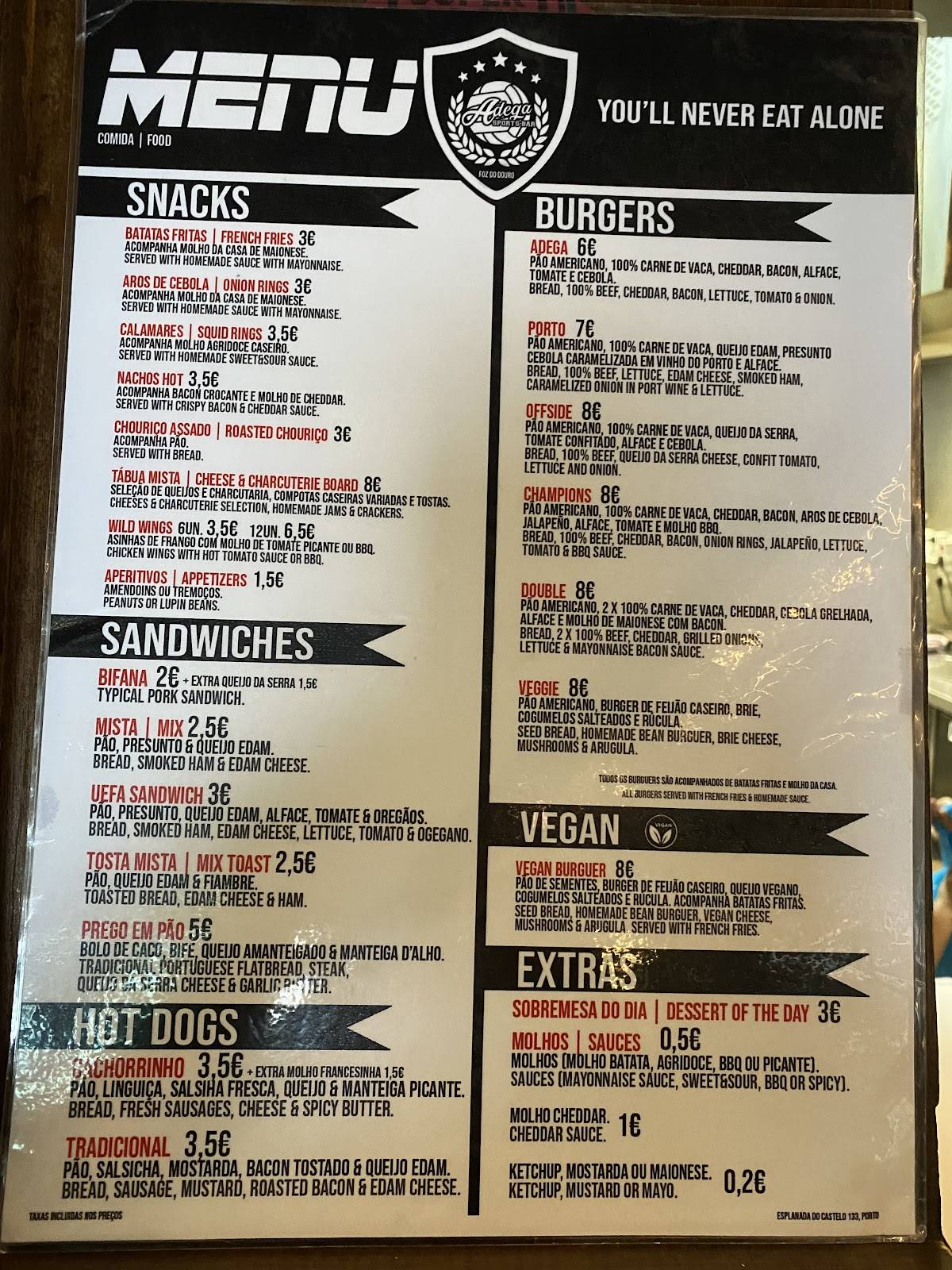 Menu em Eleven Sports Bar Foz, Porto